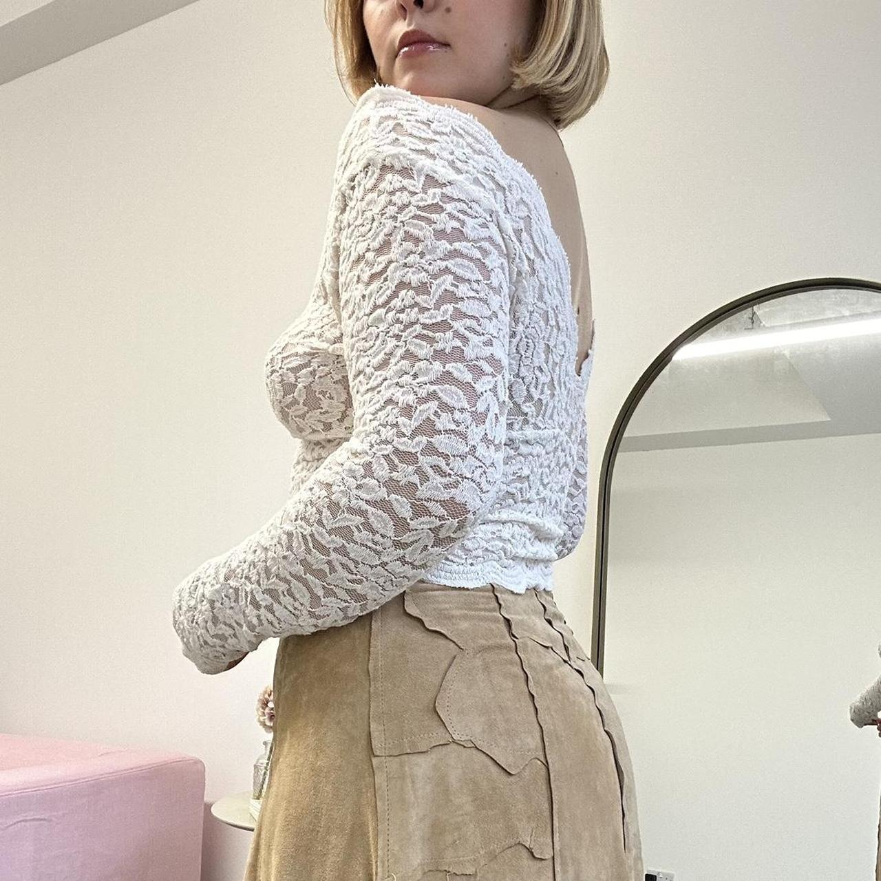 white lace fitted crop top, deep v neckline and back... - Depop