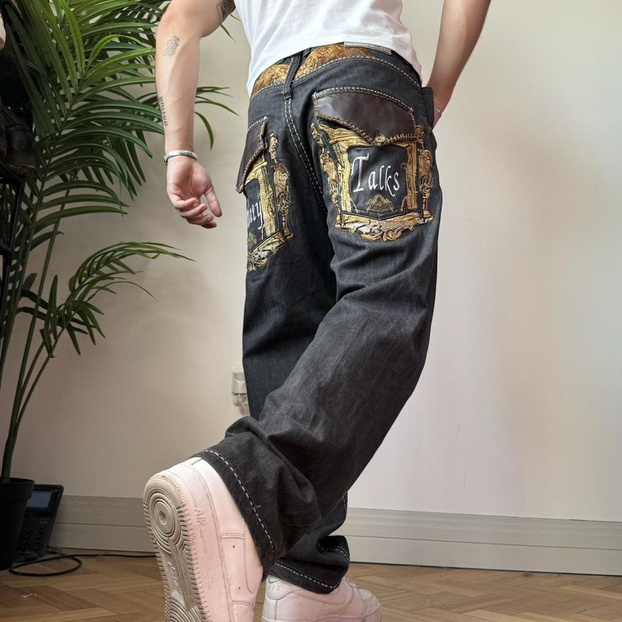 Vintage Y2K Money Talks embroidered jeans, Leather... | Depop