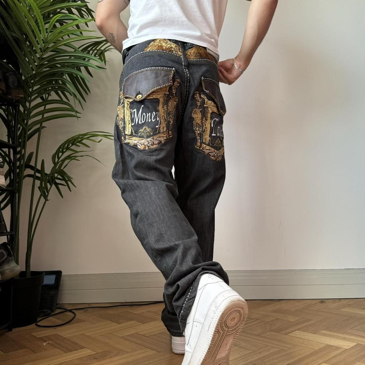 Vintage Y2K Money Talks embroidered jeans, Leather... | Depop