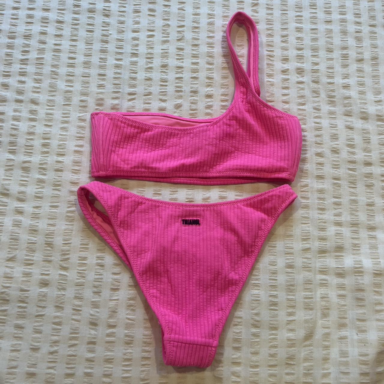 Bright neon pink triangl bikini one strap Size XS - Depop