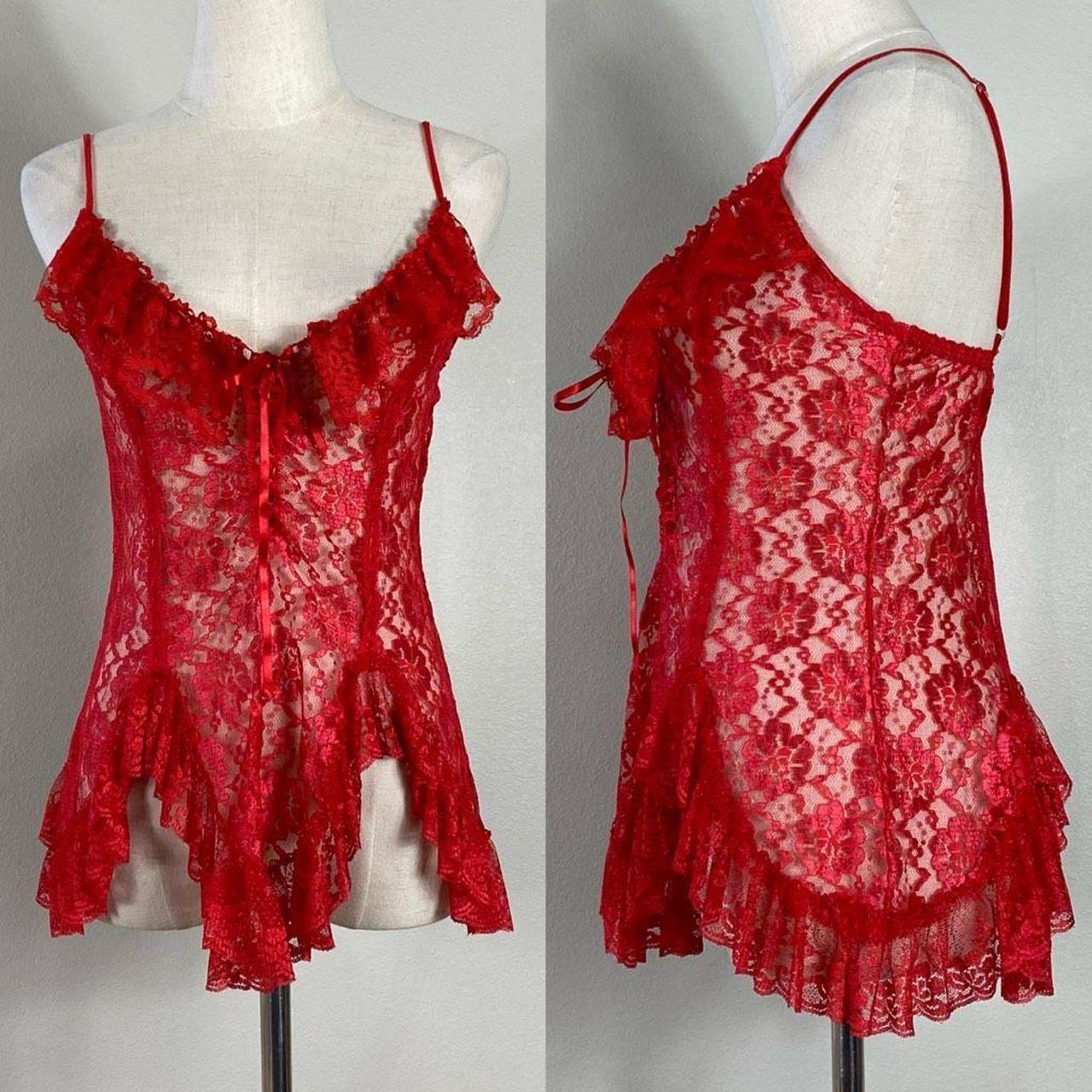 Vintage Encante red lace ruffle slip top features... - Depop