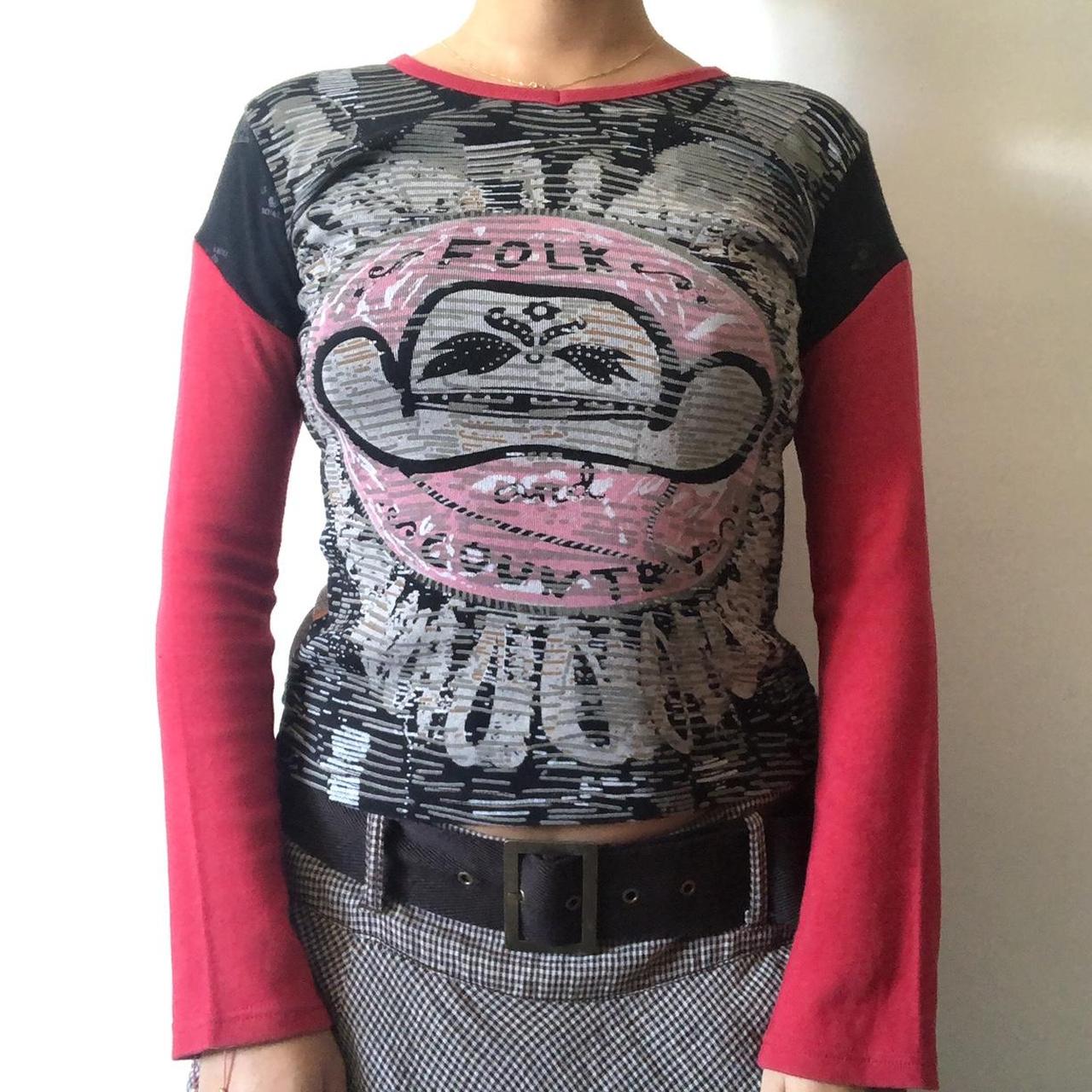 unique vintage red long sleeve t-shirt with print of... - Depop