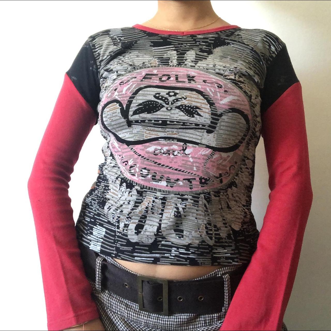 unique vintage red long sleeve t-shirt with print of... - Depop