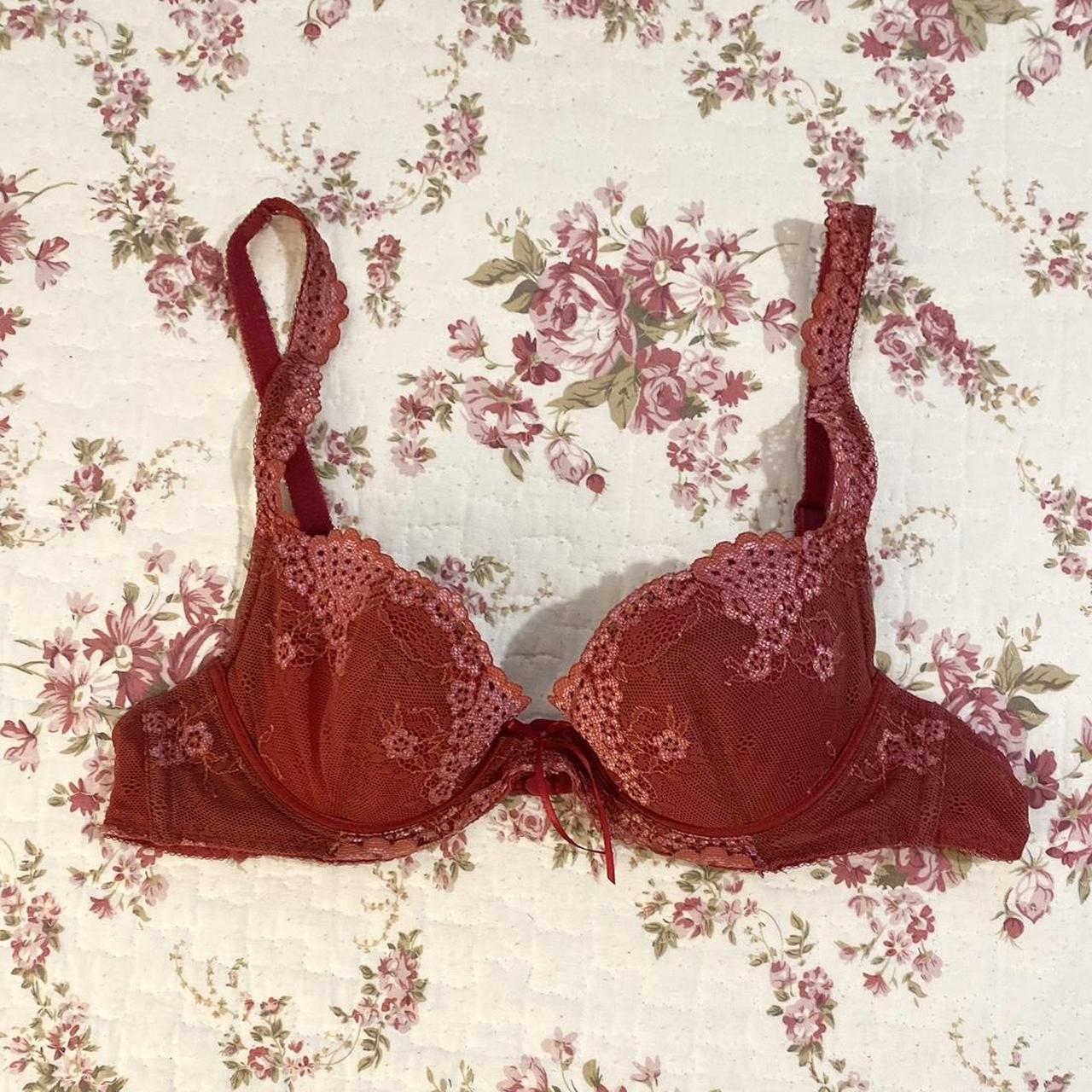 red lace japanese brand bra with pink glittery... - Depop