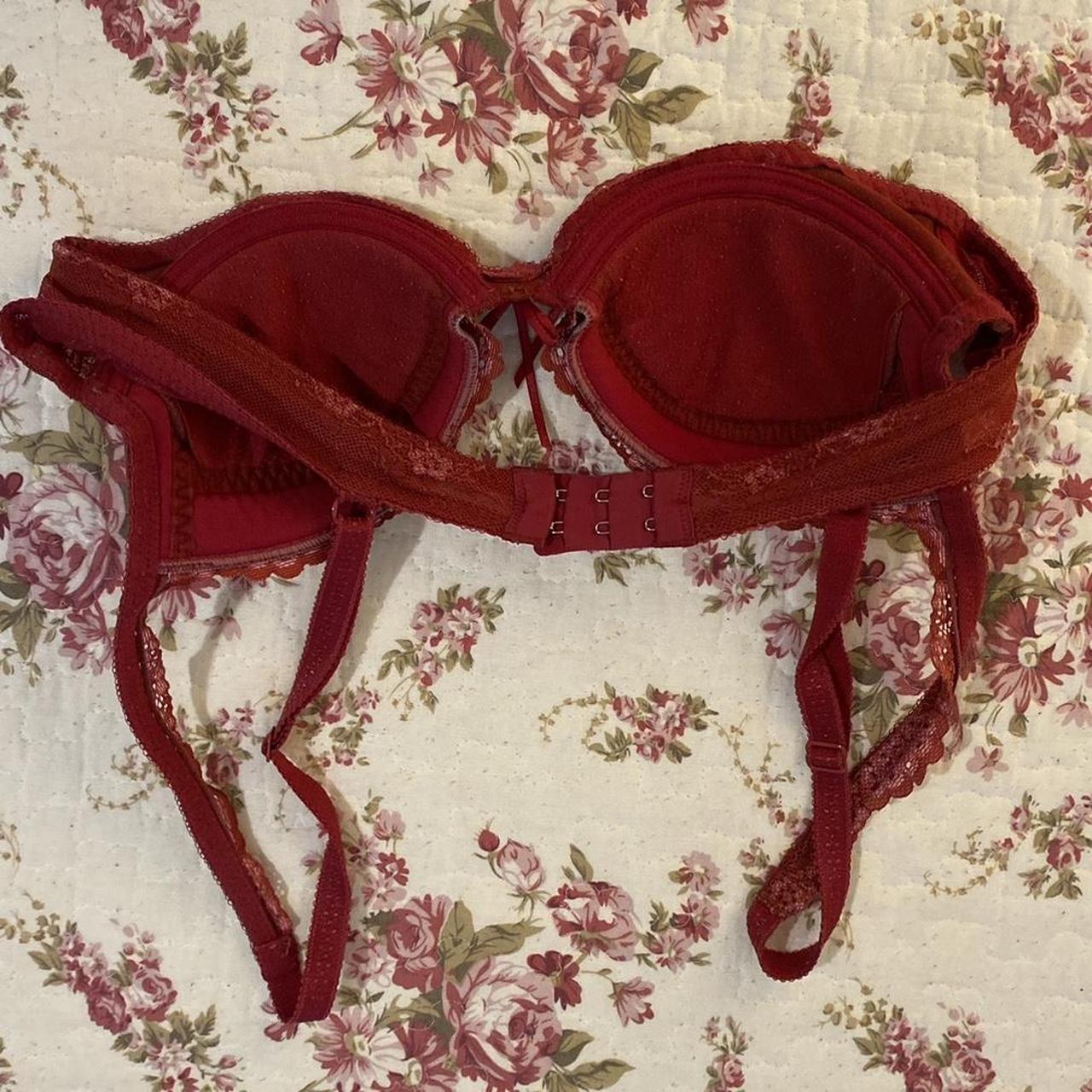 red lace japanese brand bra with pink glittery... - Depop