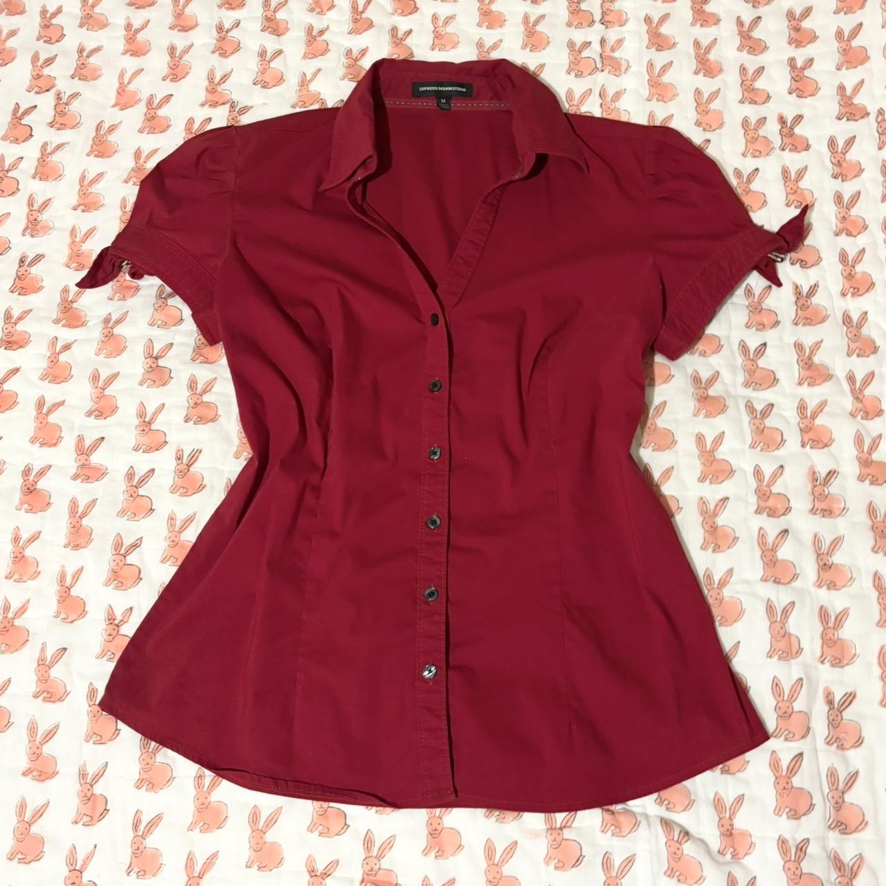 red button up preppy office siren blouse labeled... | Depop