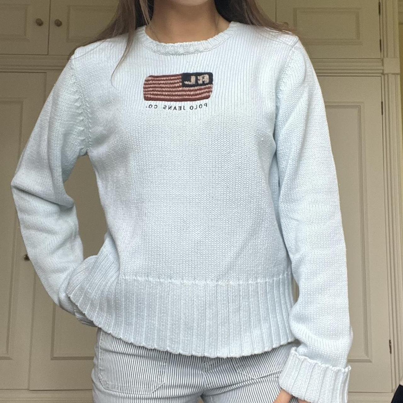 Ralph Lauren baby blue knit crew neck jumper with... - Depop