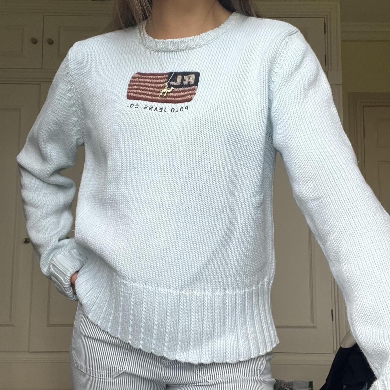 Ralph Lauren baby blue knit crew neck jumper with... - Depop