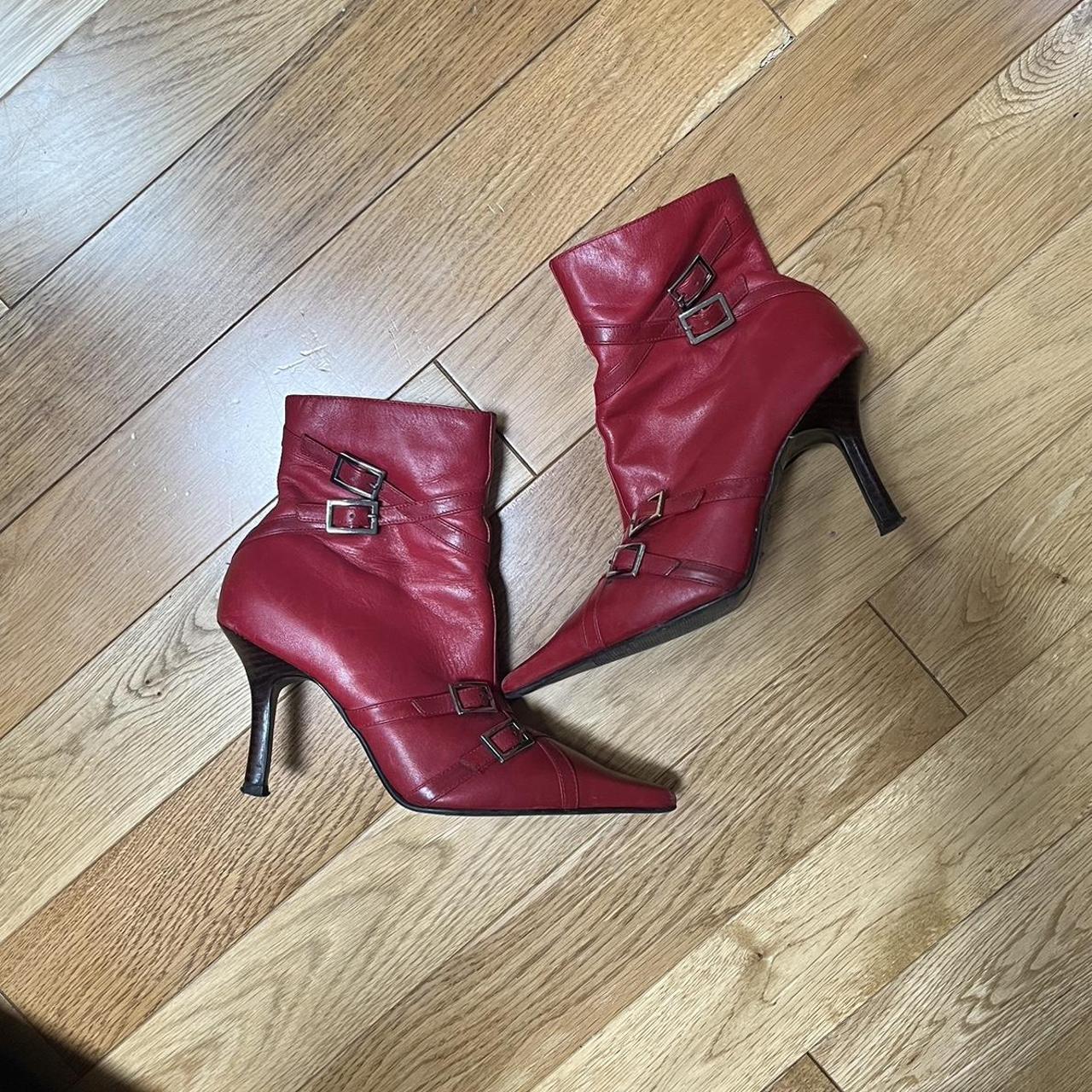 Vintage y2k 00s red leather buckle pointed ankle... - Depop