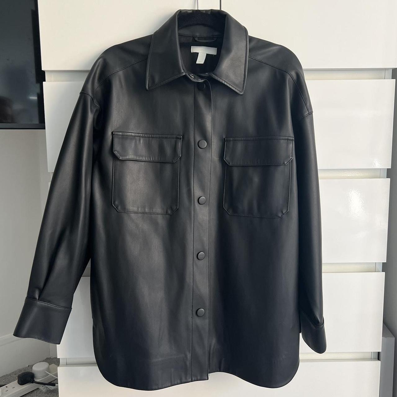 H&M leather look oversized jacket with front pocket... - Depop