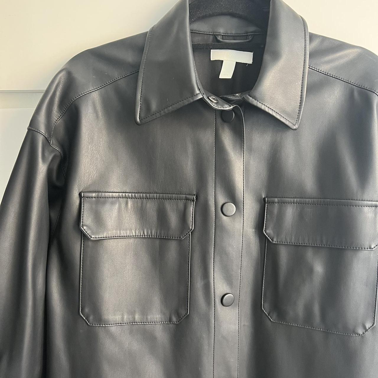 H&M leather look oversized jacket with front pocket... - Depop