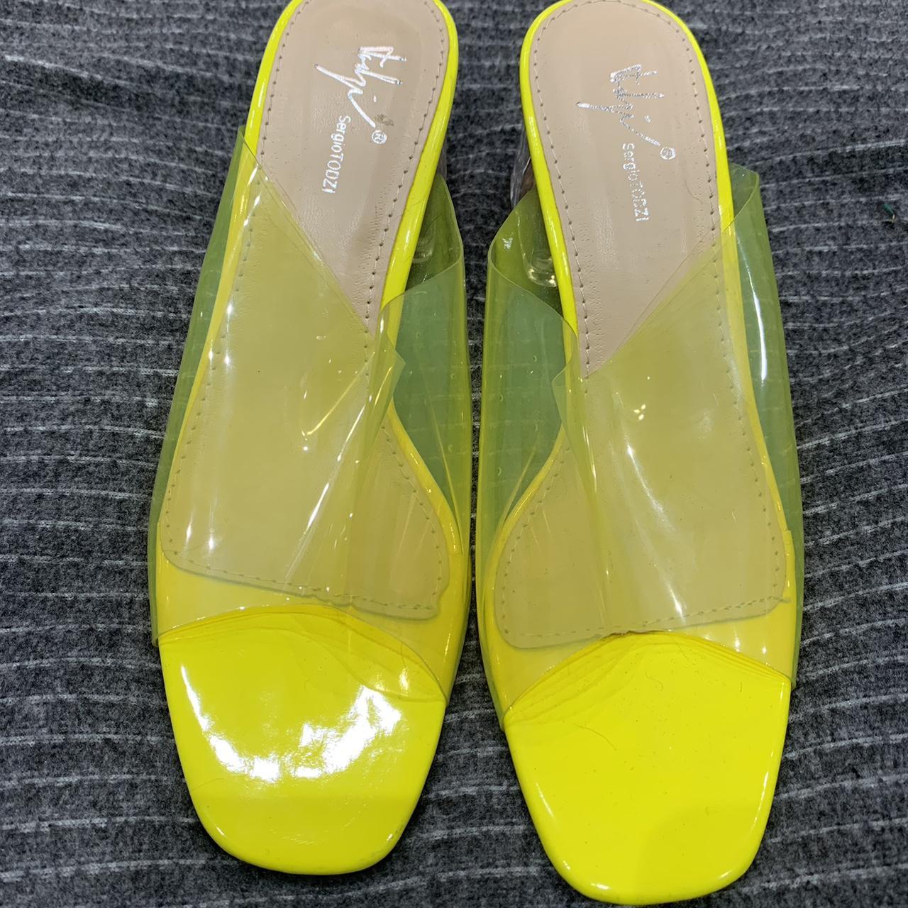 Yellow Vinyl Mules Clear Perspex Low Heels Size... - Depop