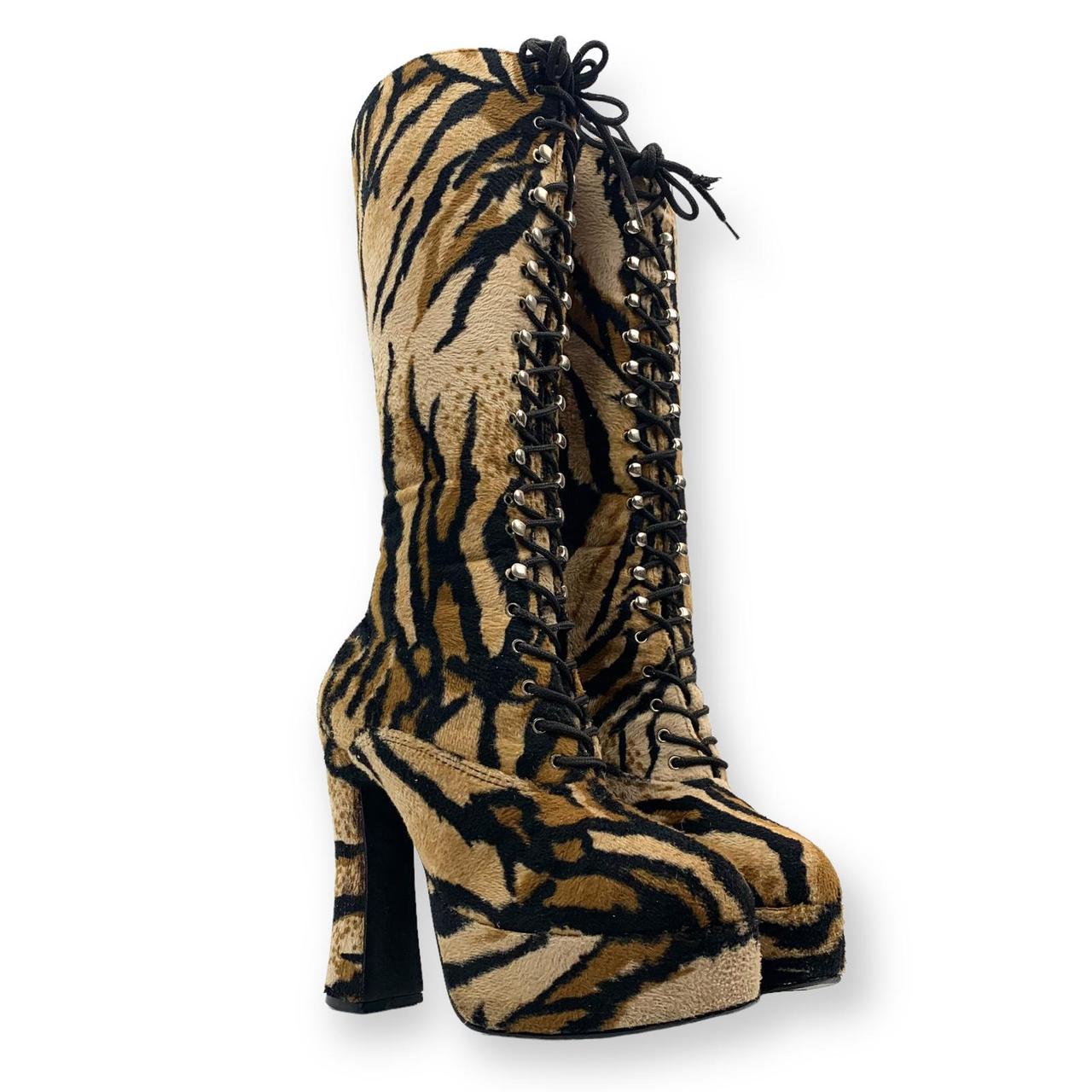 Vintage 1990's mega platform tiger print faux fur... - Depop