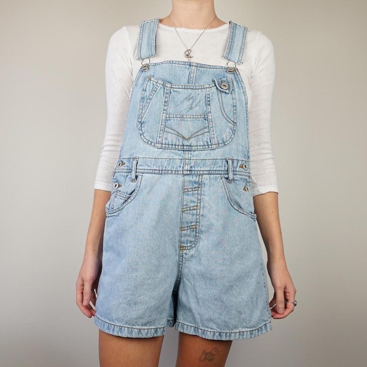 90s Vintage Light Blue Denim Overall Shorts By Depop