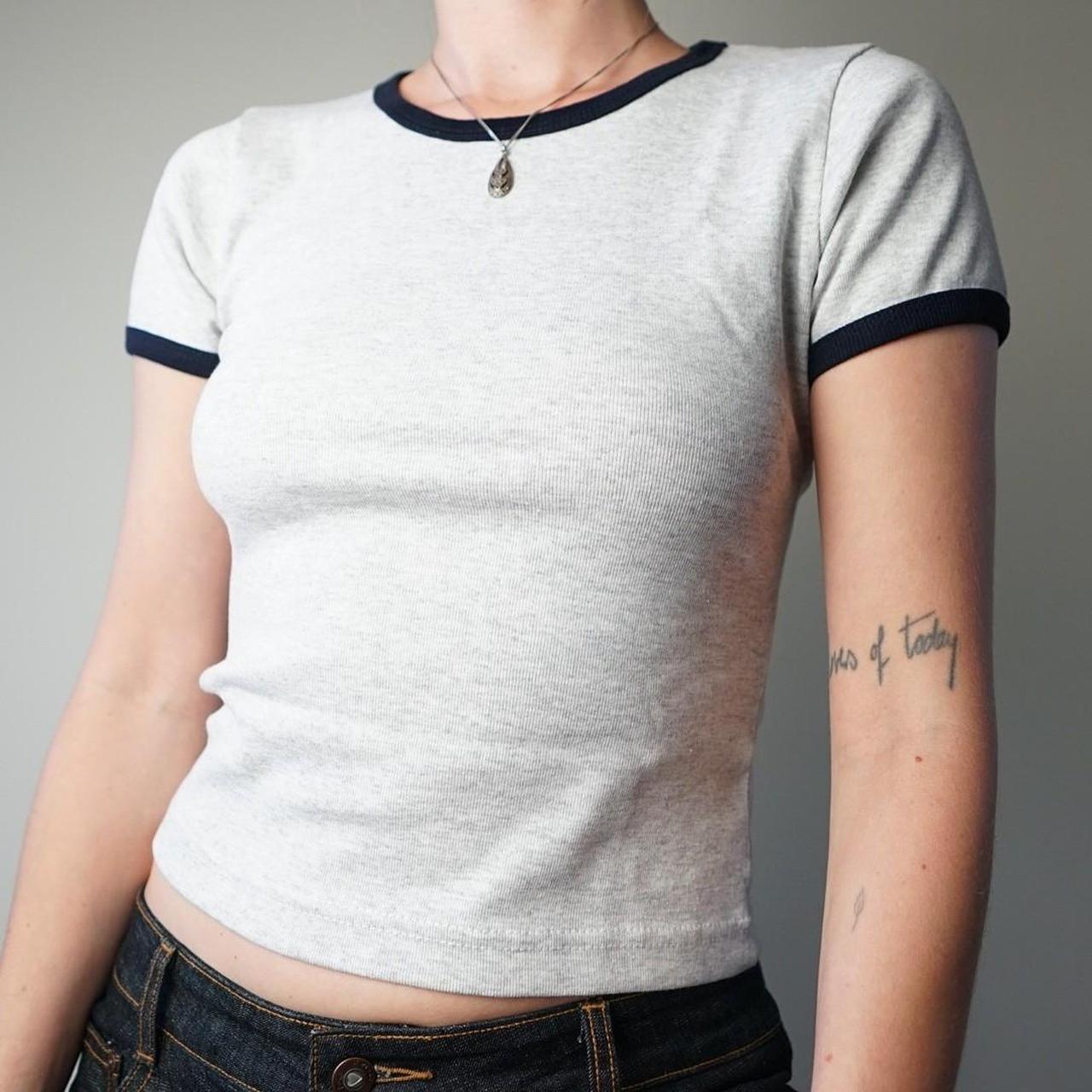 2000s grey and navy ringer baby tee with contrast... - Depop