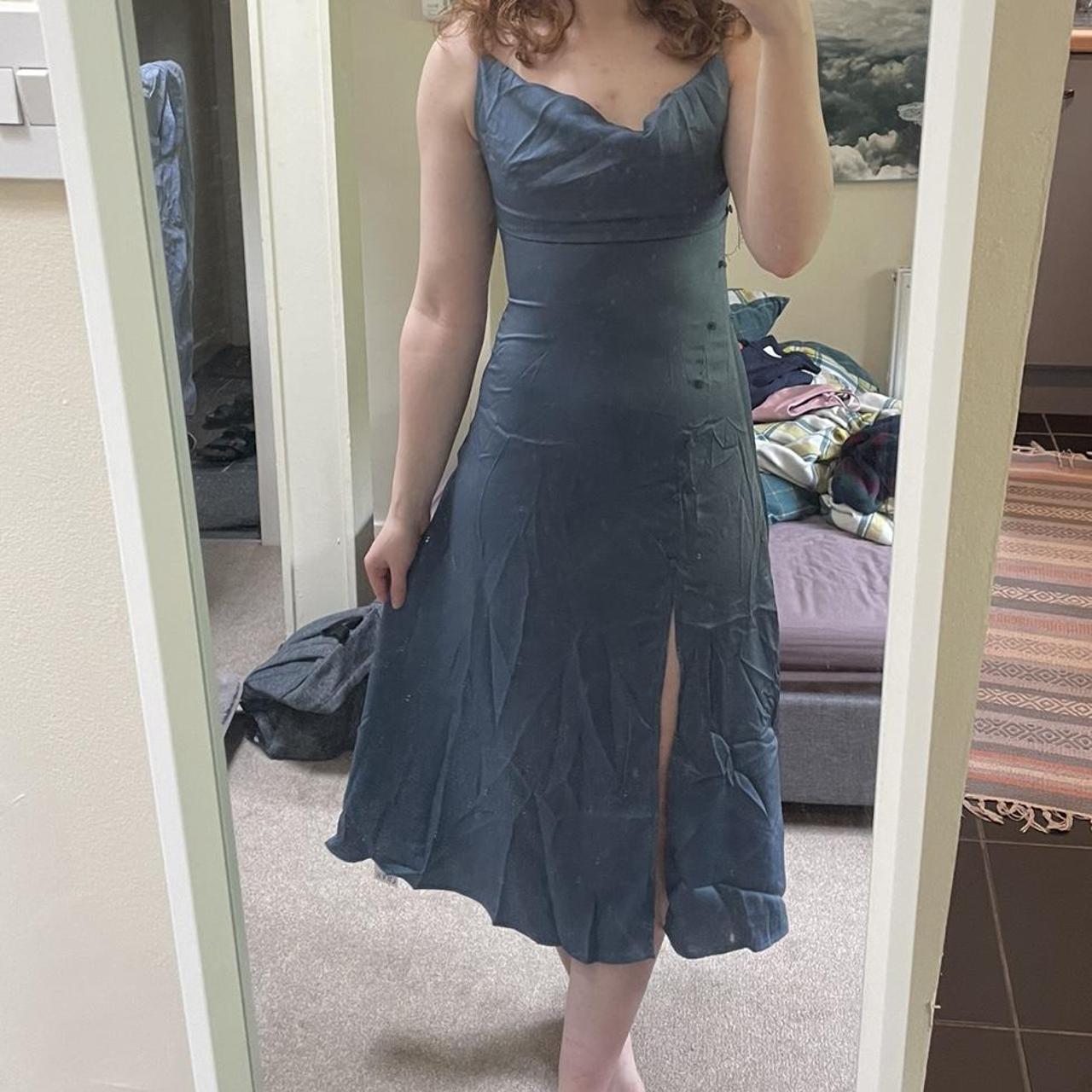 Cider blue/navy cowl neck slit midi slip dress.... - Depop