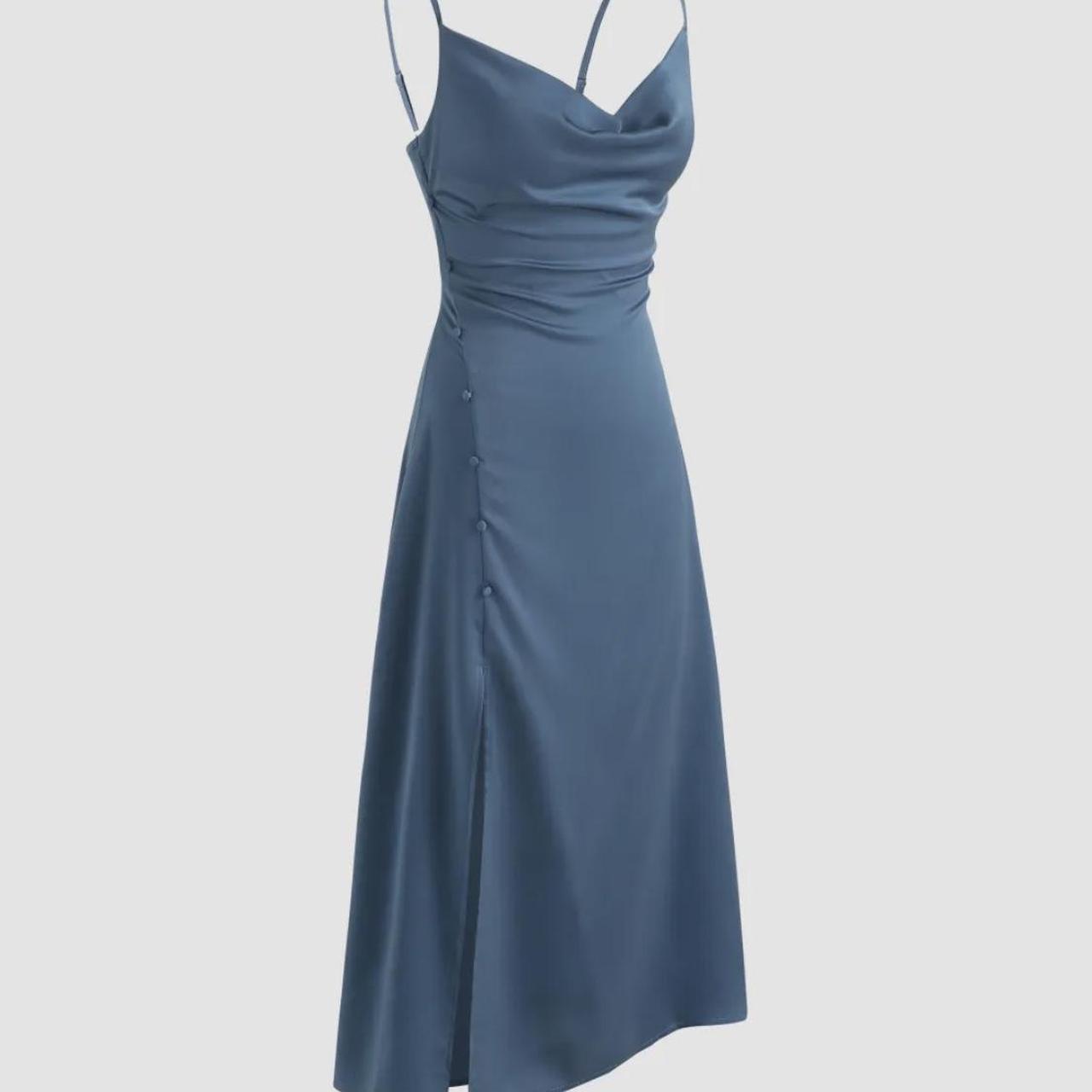 Cider blue/navy cowl neck slit midi slip dress.... - Depop