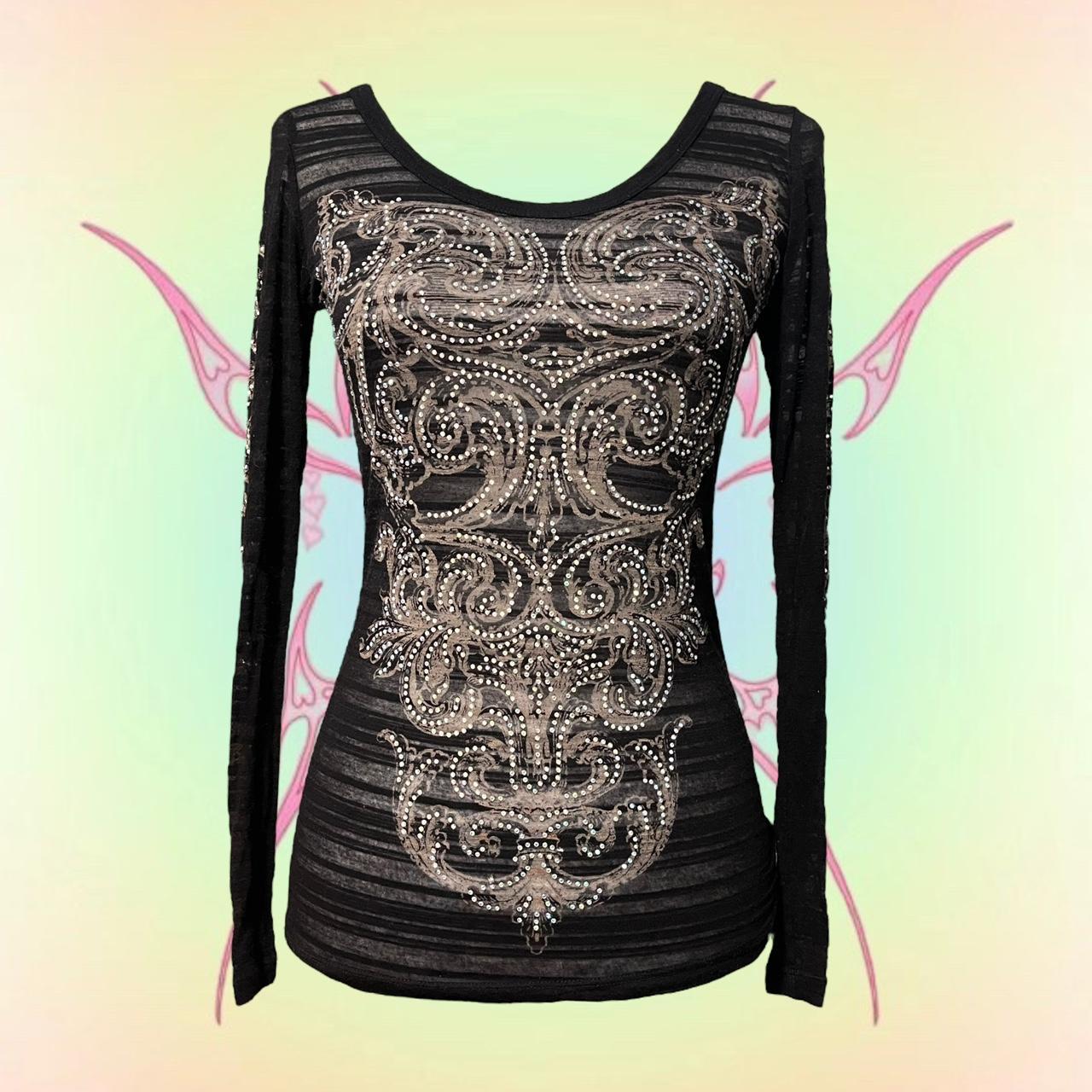 Y2K Grunge Rhinestone Embellished Mesh Long... - Depop