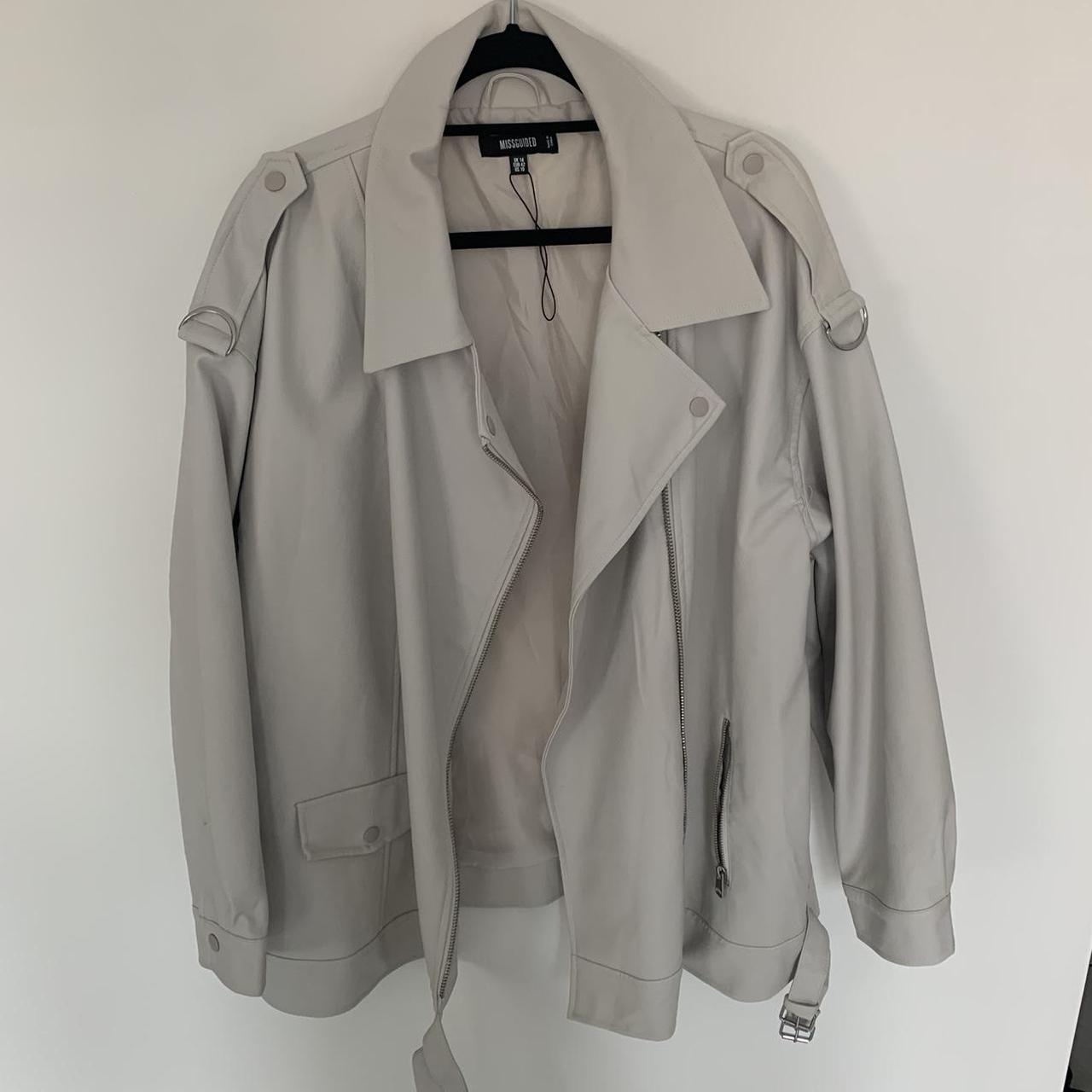 Missguided Faux Long Leather Biker Jacket Cream /... - Depop