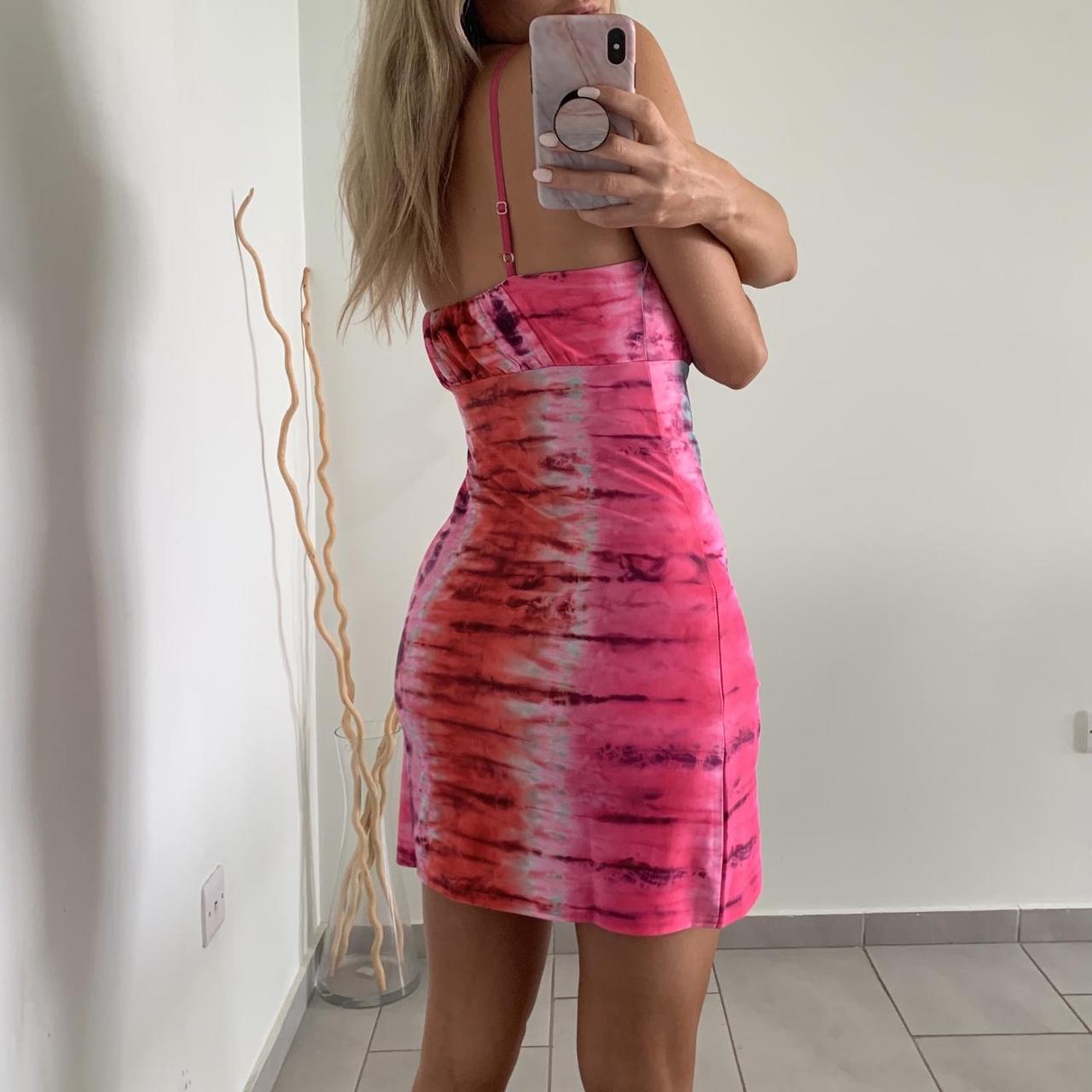 Neon pink tie dye mini dress. Adjustable cami... - Depop