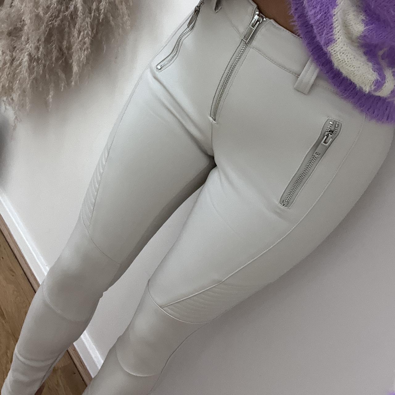 Cream moto vegan leather trousers /... - Depop