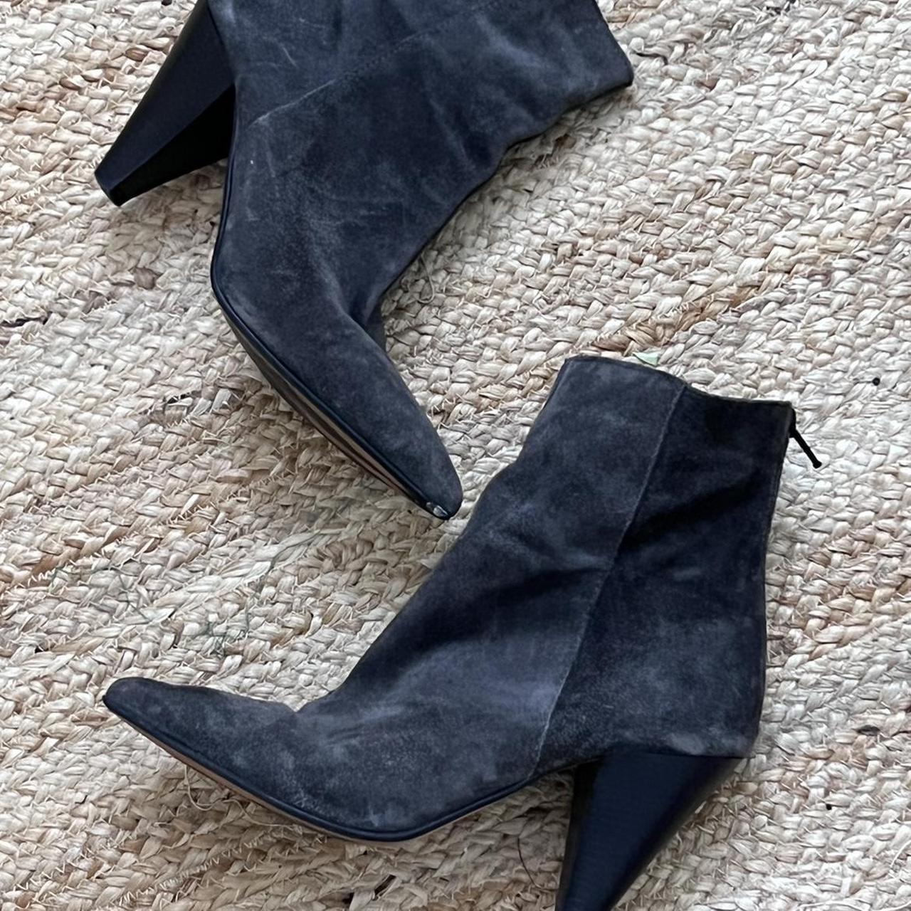 Grey suede ankle boots. Pointy toe and stacked cone... - Depop
