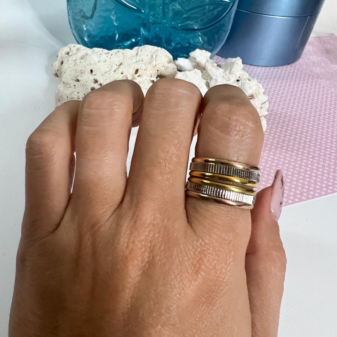 Tri tone ring with ridged silver centre. Unisex... - Depop