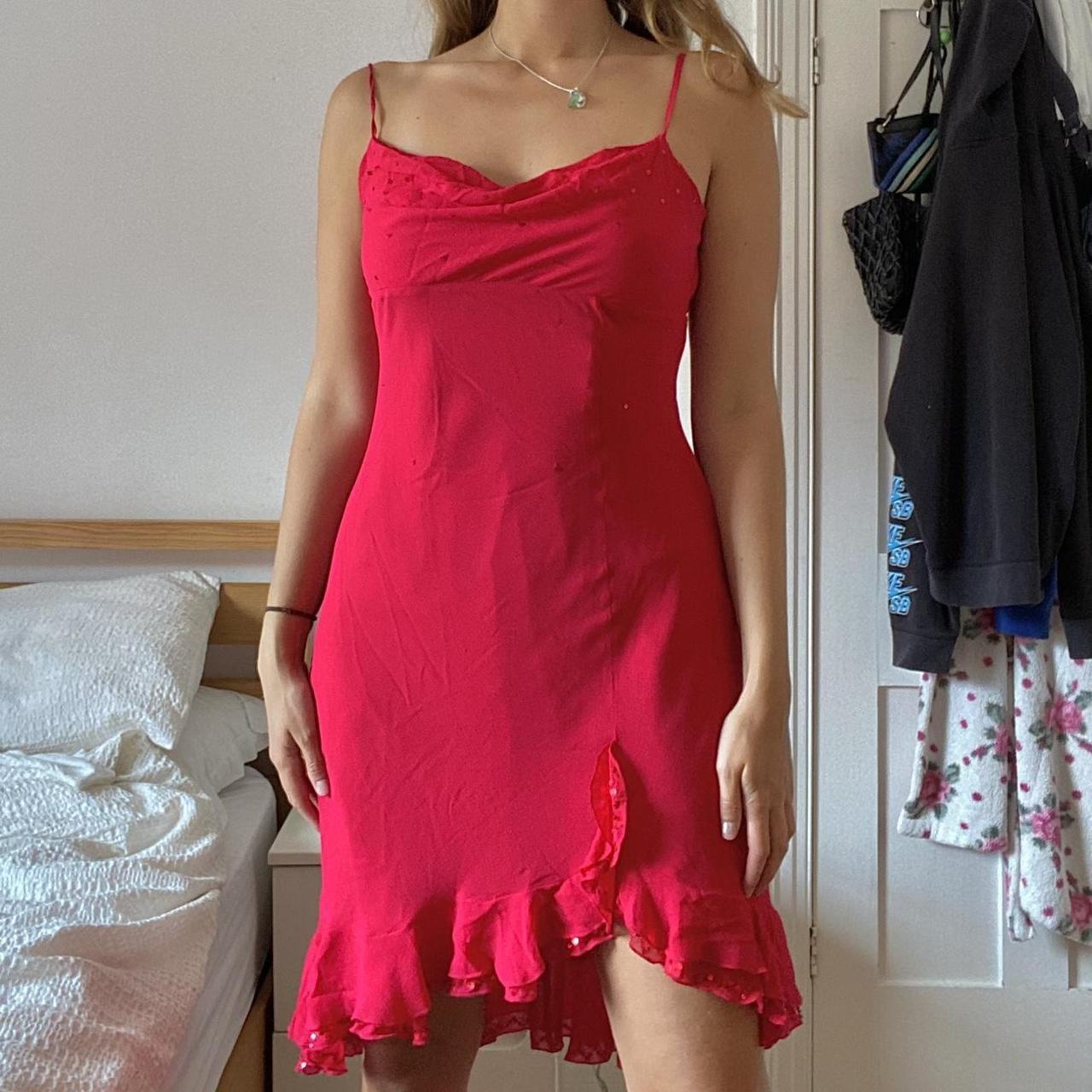 Amazing bright red, almost pink asymmetrical midi... - Depop