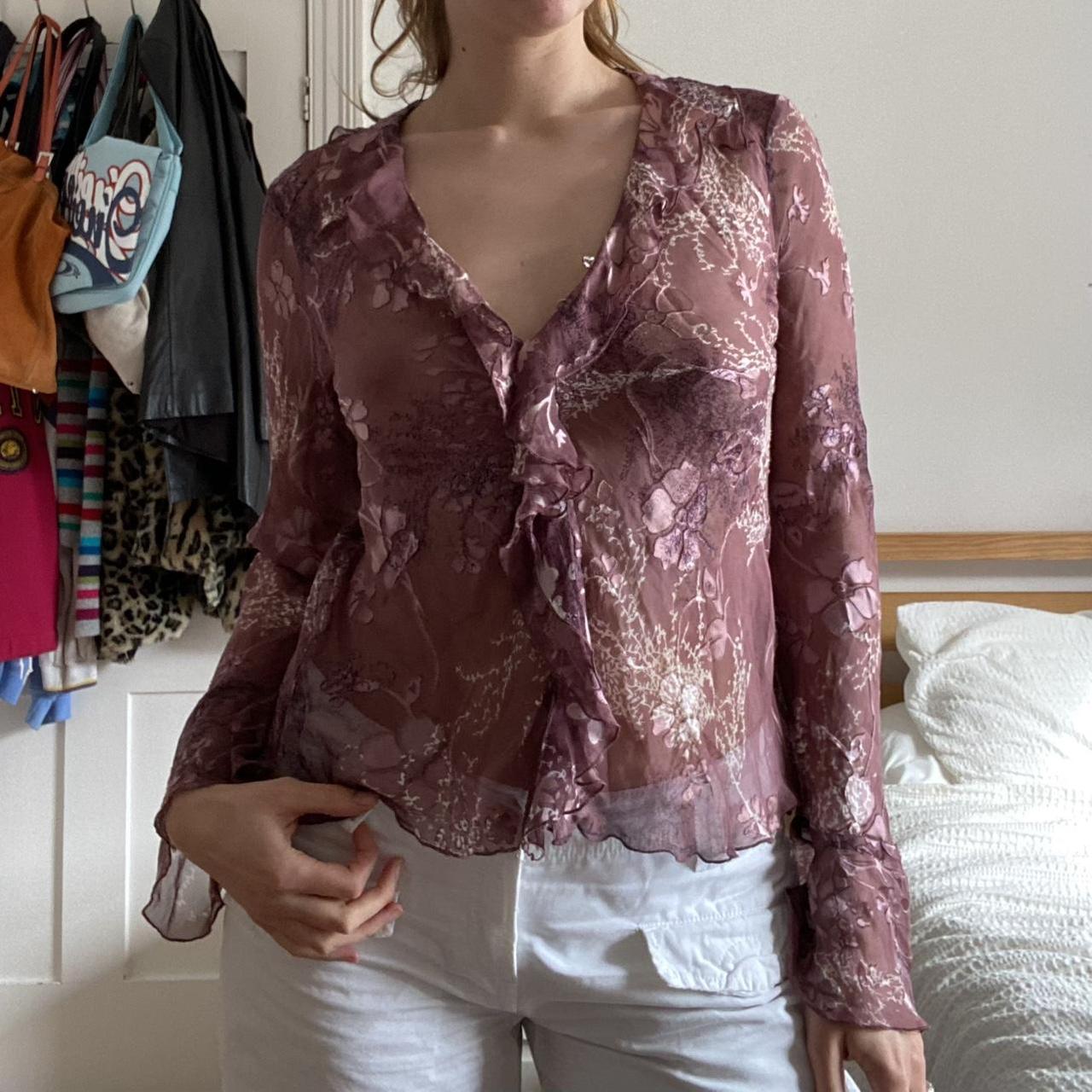 Beautiful purple floral ruffled sheer floaty blouse.... - Depop