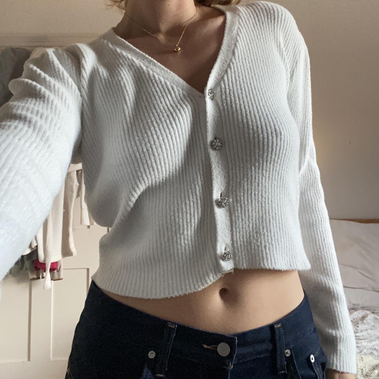 Gorgeous soft white ribbed cardigan. Diamanté... - Depop