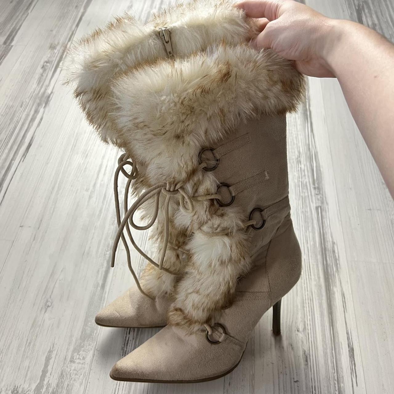 Y2k off white fur heel boots. Labeled size large... - Depop