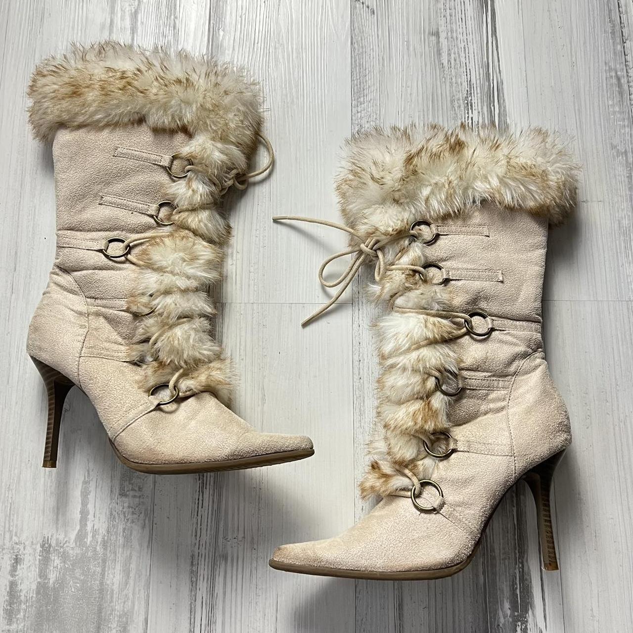 Y2k off white fur heel boots. Labeled size large... - Depop