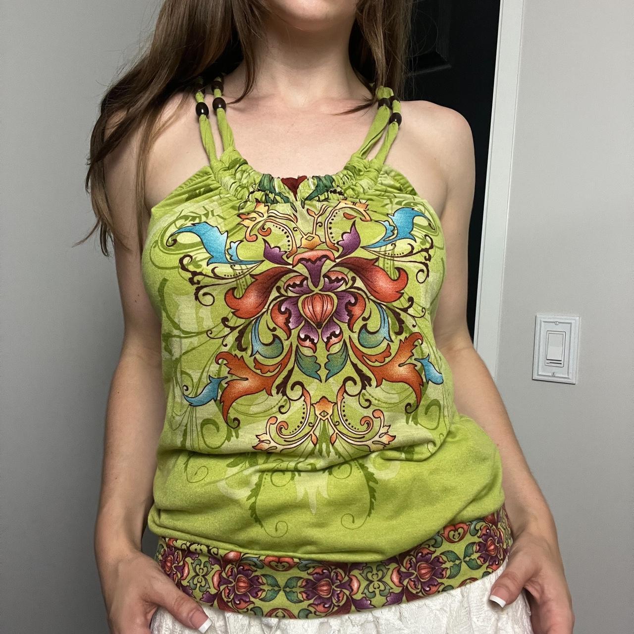 Vintage 2000s Y2K boho graphic tank top with chunky... - Depop