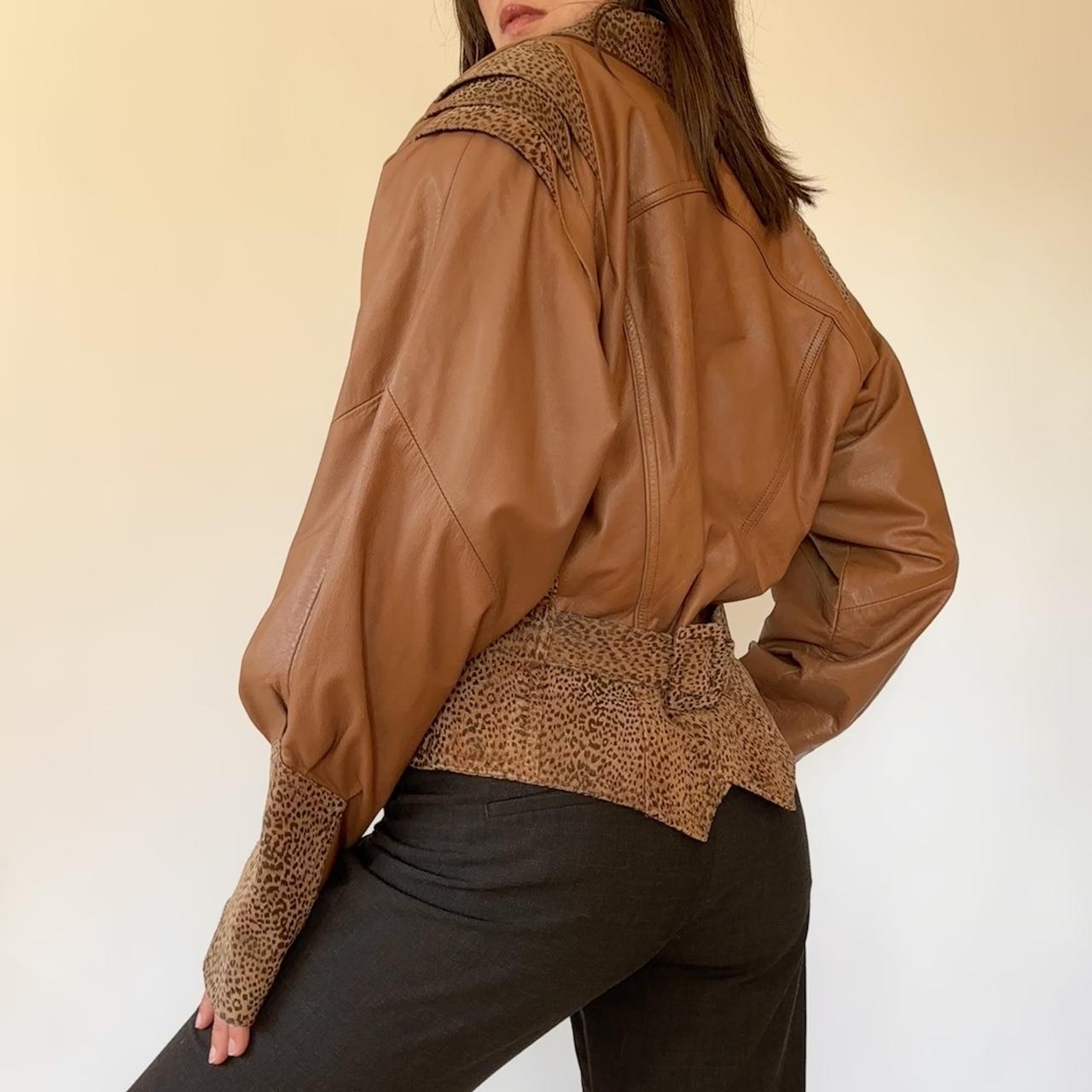 80s Cognac & Leopard Leather Jacket vintage brown... - Depop