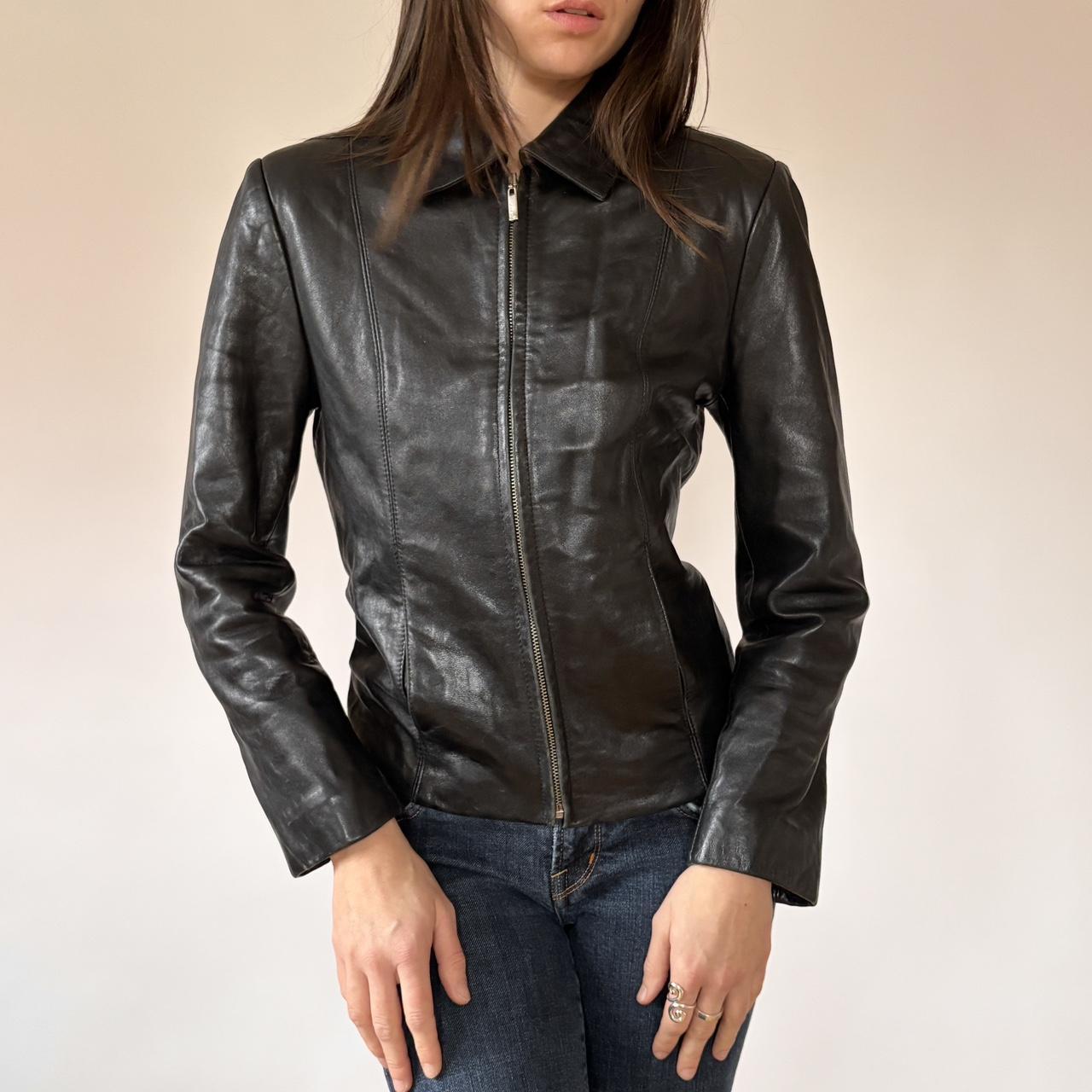 90s Noir Leather Jacket vintage black leather... | Depop