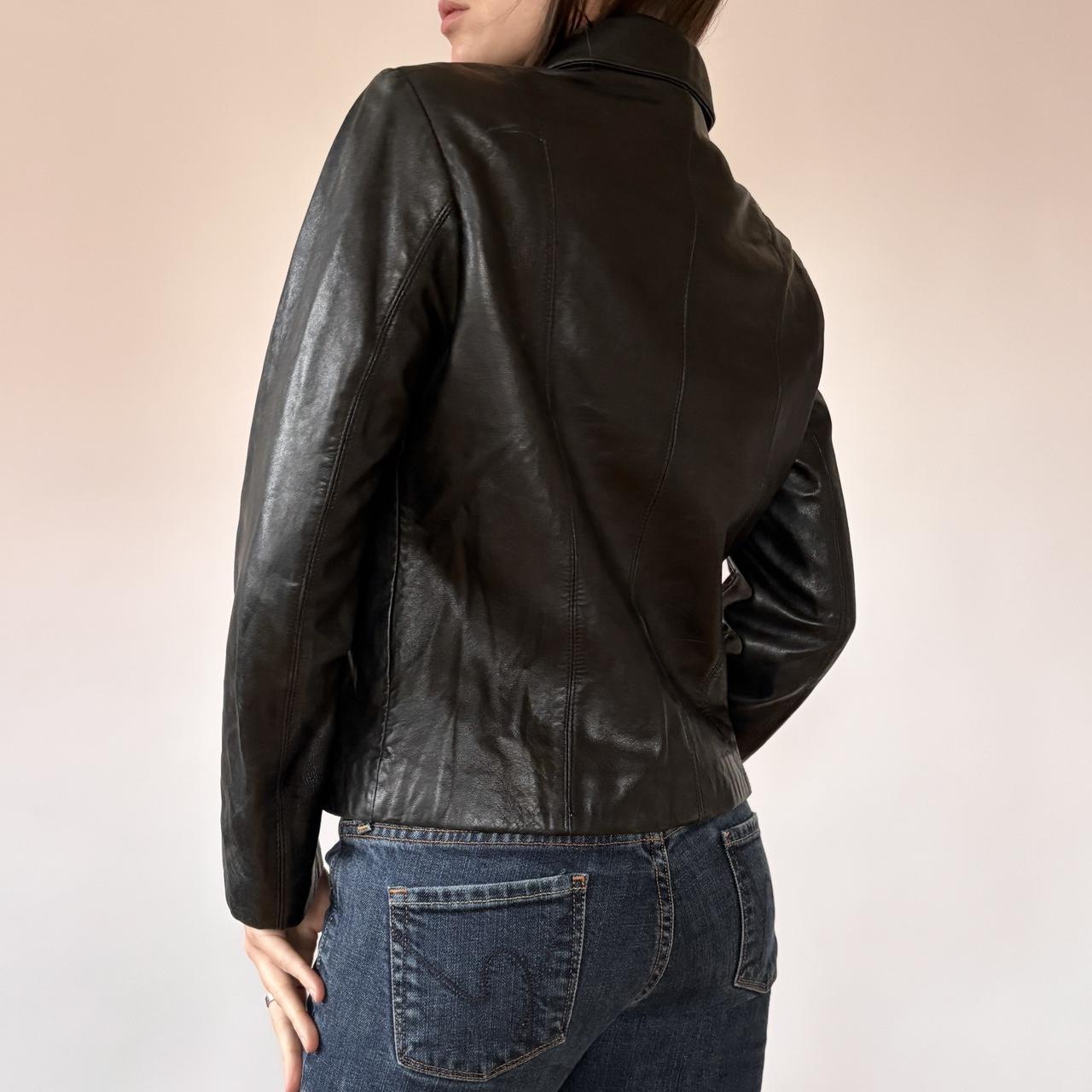 90s Noir Leather Jacket vintage black leather... | Depop