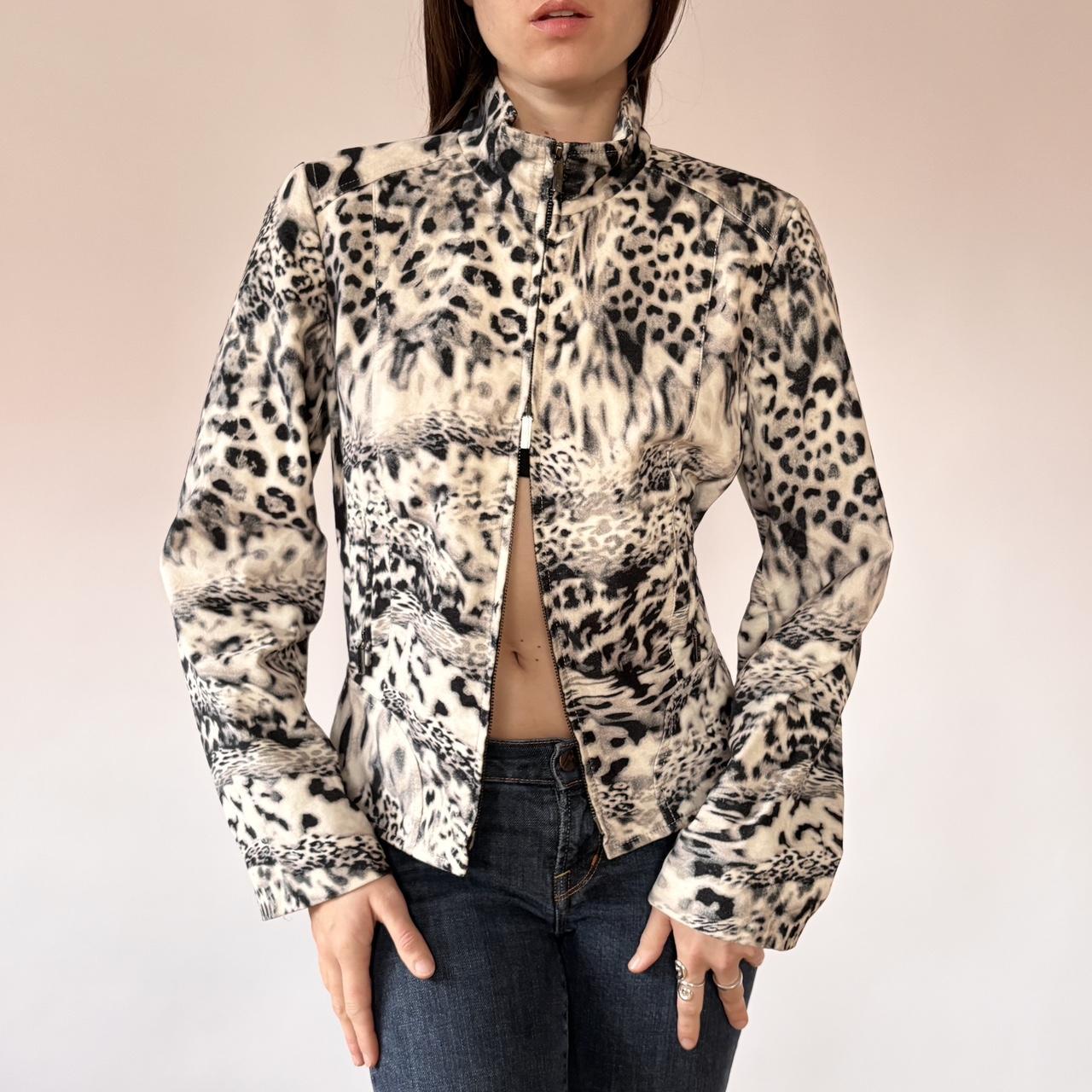Y2K Snow Leopard Jacket vintage leopard print zip... - Depop