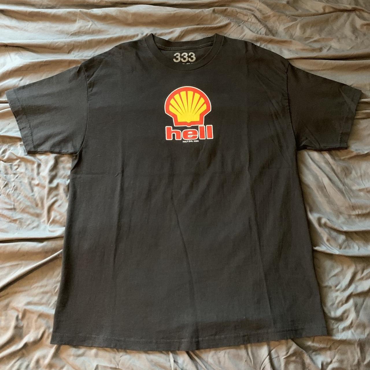Half Evil Shell “Hell” Logo Flip Tee. Worn 2-3 times... - Depop