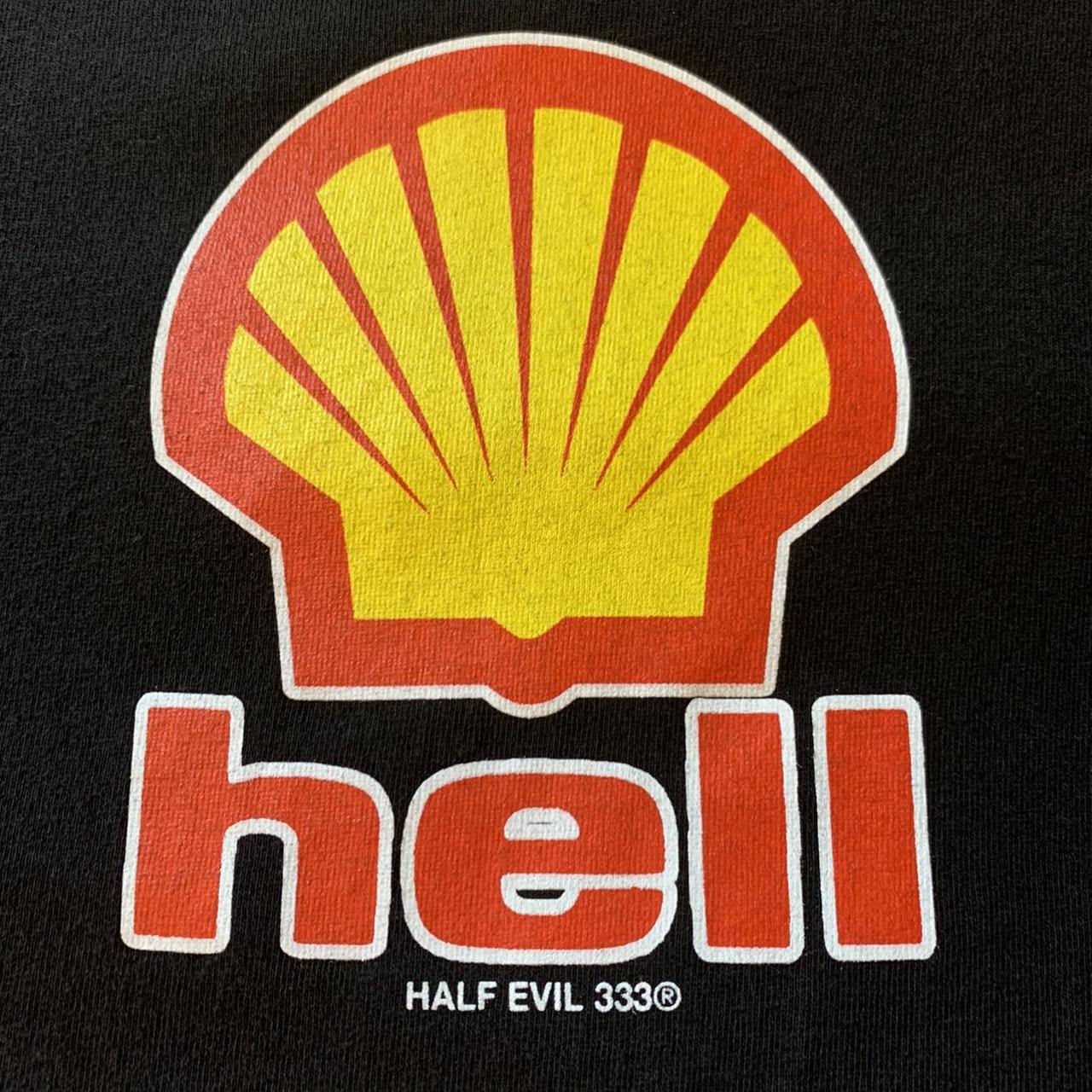 Half Evil Shell “Hell” Logo Flip Tee. Worn 2-3 times... - Depop