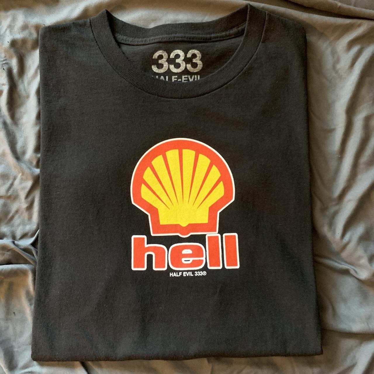 Half Evil Shell “Hell” Logo Flip Tee. Worn 2-3 times... - Depop