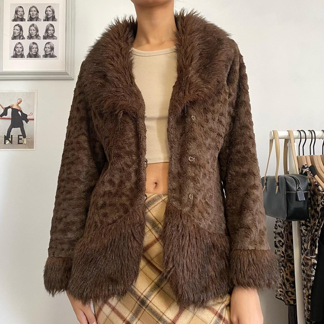 faux fur coat earthy brown cheetah print fuzzy coat... - Depop
