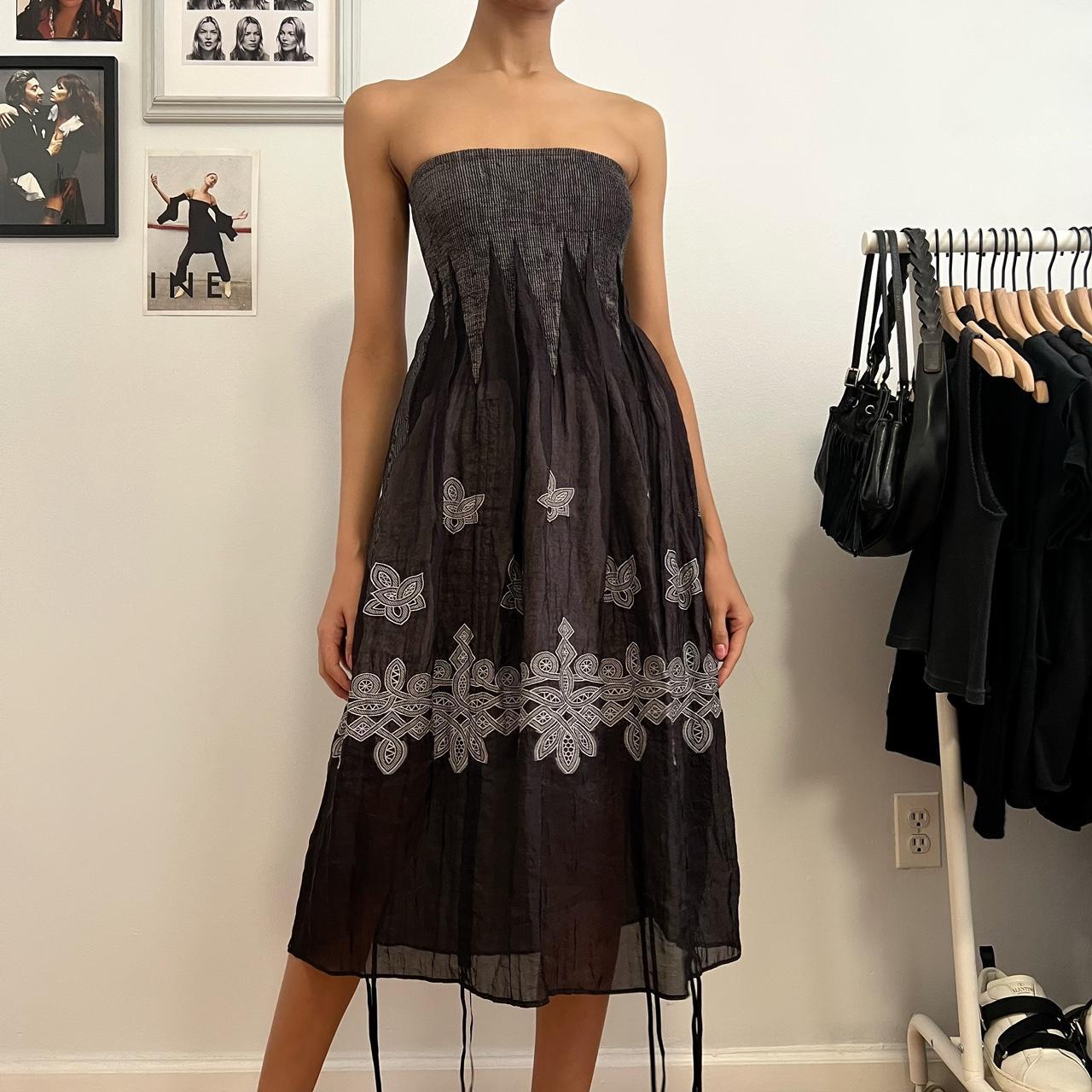 y2k boho cinched midi dress 2000s "lapis" black and... - Depop