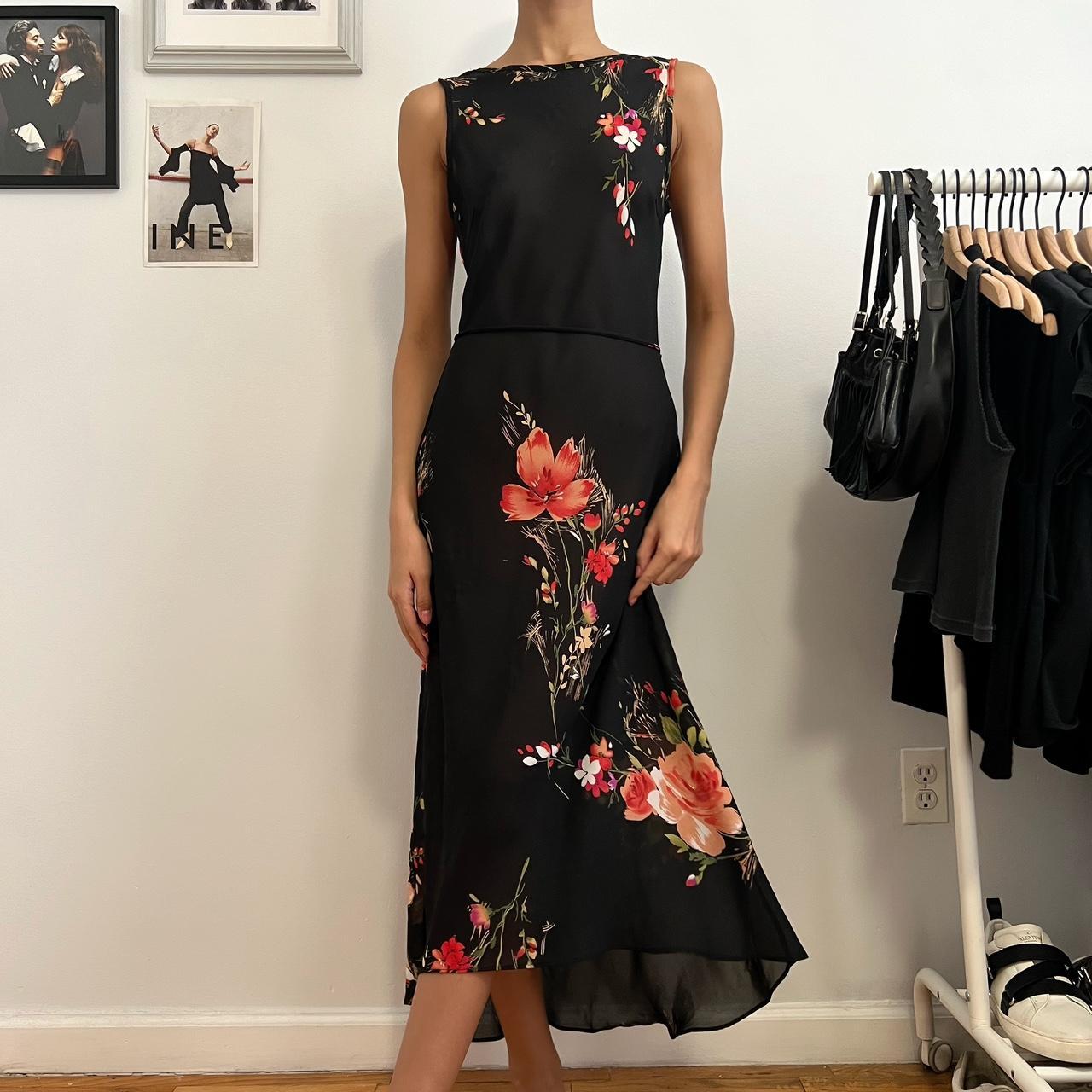 y2k romantic floral midi dress 2000s semi-sheer... - Depop