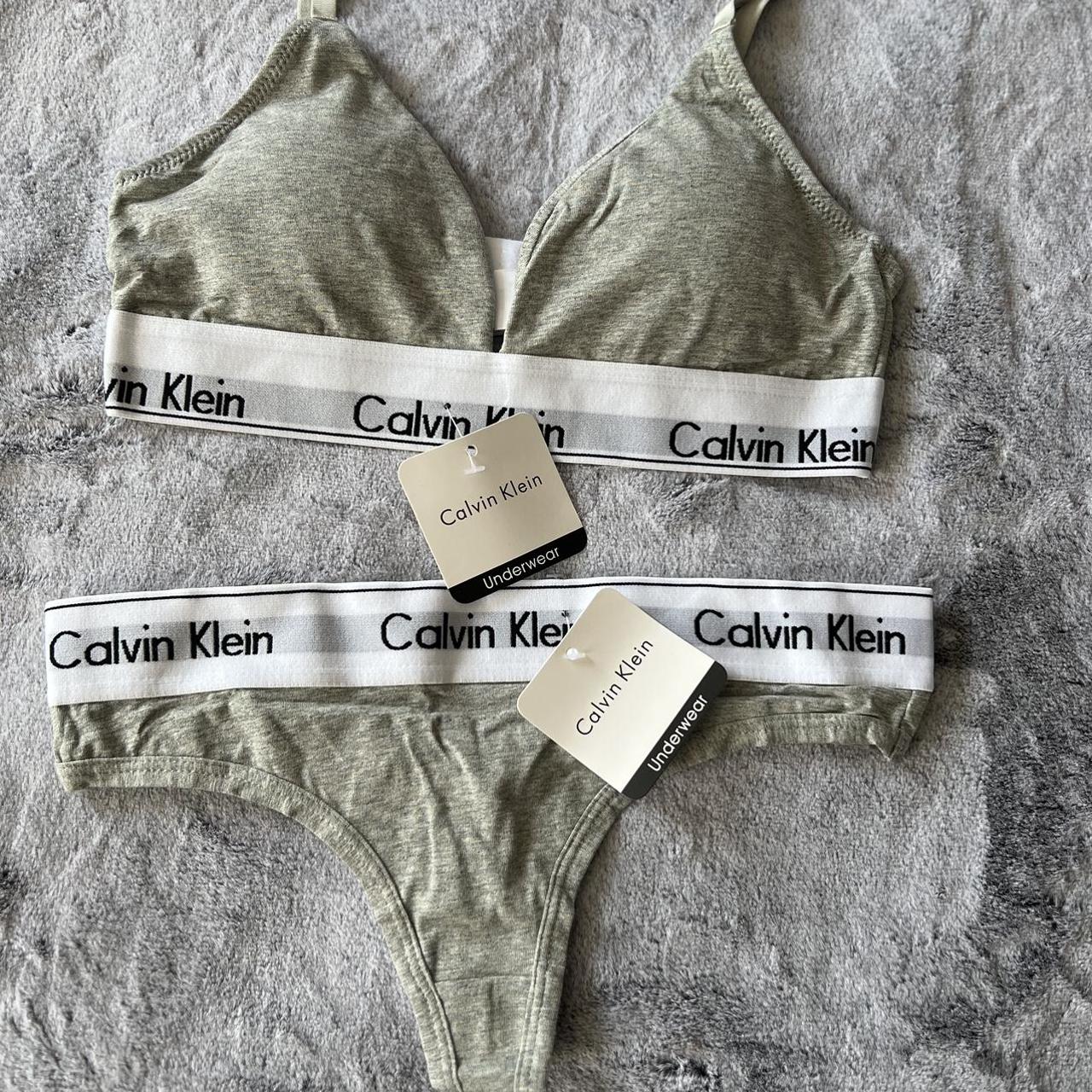 Calvin Klein grey padded bralette set with thong... - Depop