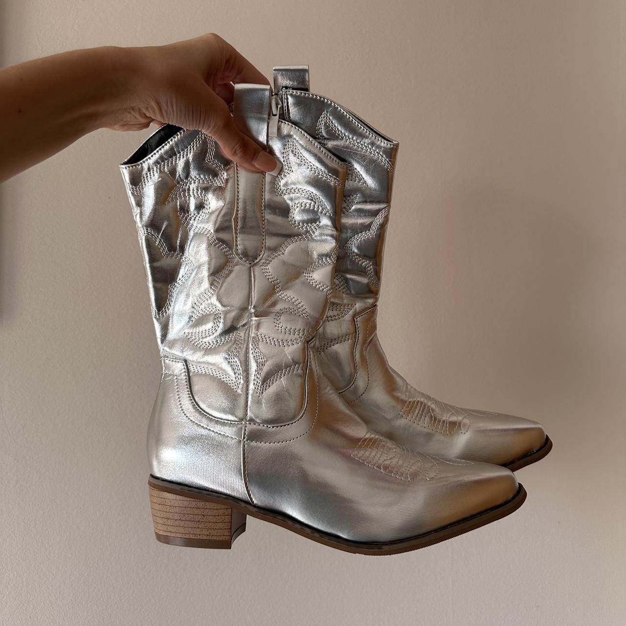 Silver metallic cowgirl boots western cowboy boots... - Depop