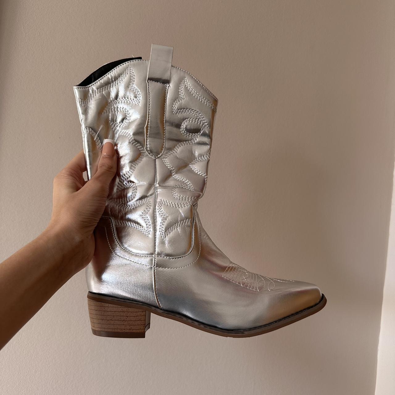 Silver metallic cowgirl boots western cowboy boots... - Depop