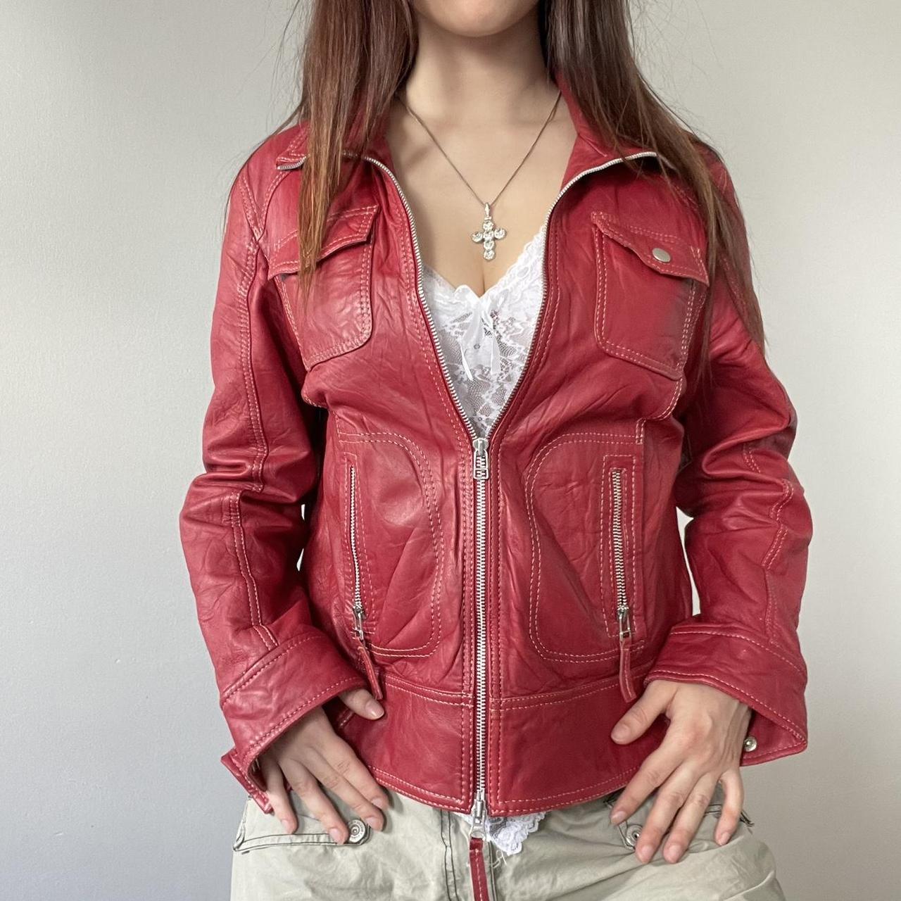 90s red leather biker jacket ⭑ genuine leather... - Depop
