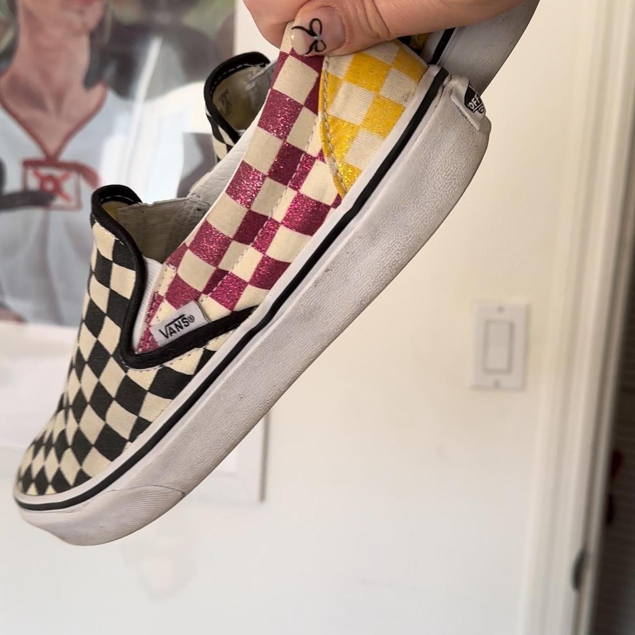 colorful and sparkly checkerboard slip on vans. well... - Depop
