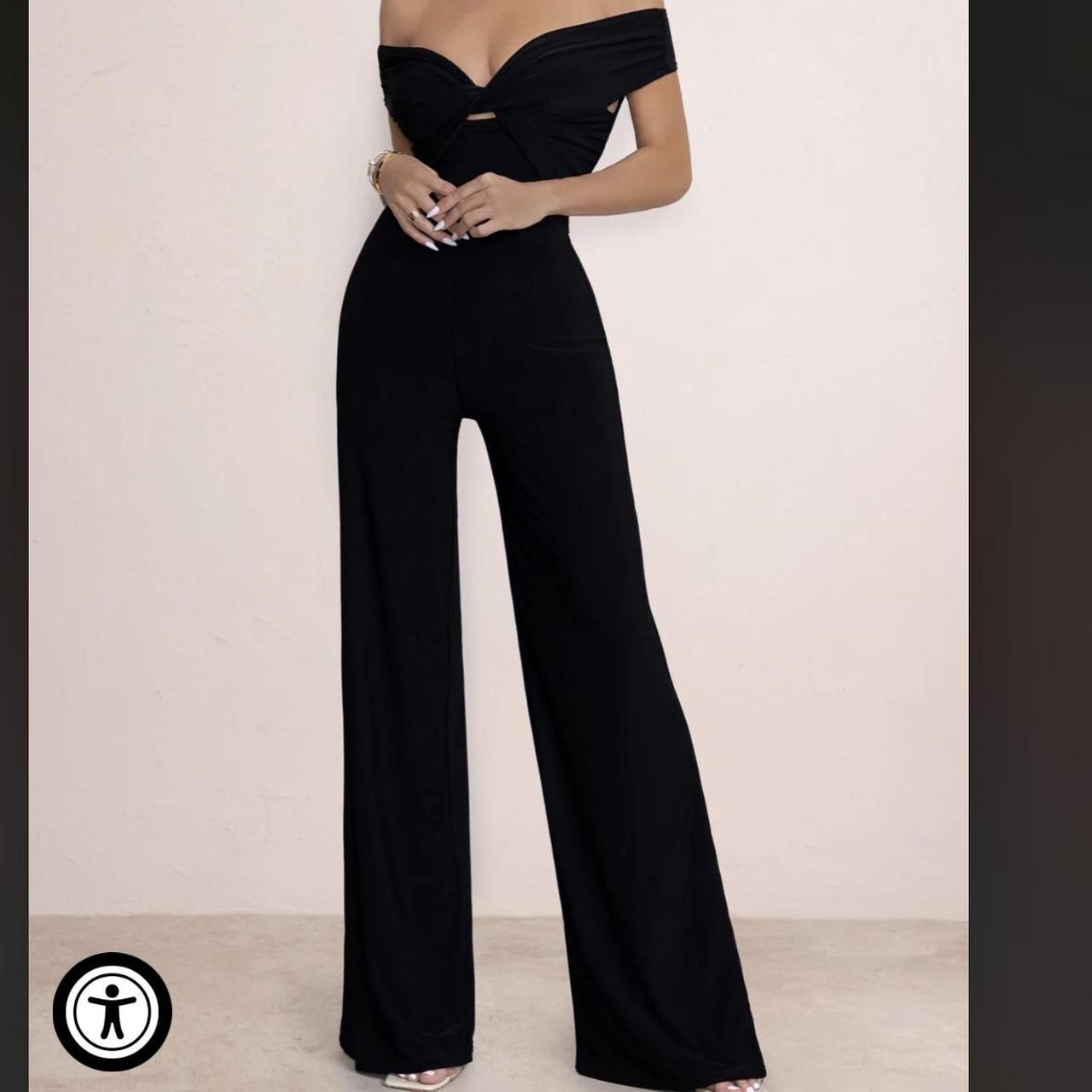 Club L Black Bardot front wrap straight leg jumpsuit... - Depop