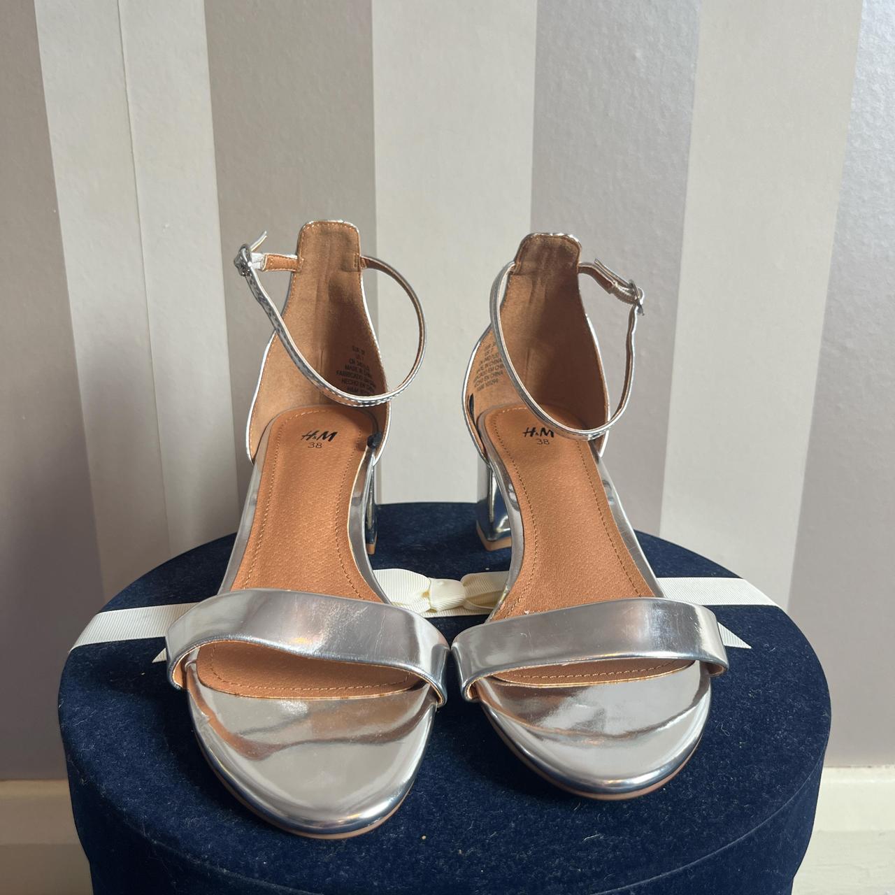 Silver metallic sandals with a 3 inch heel. Never... - Depop